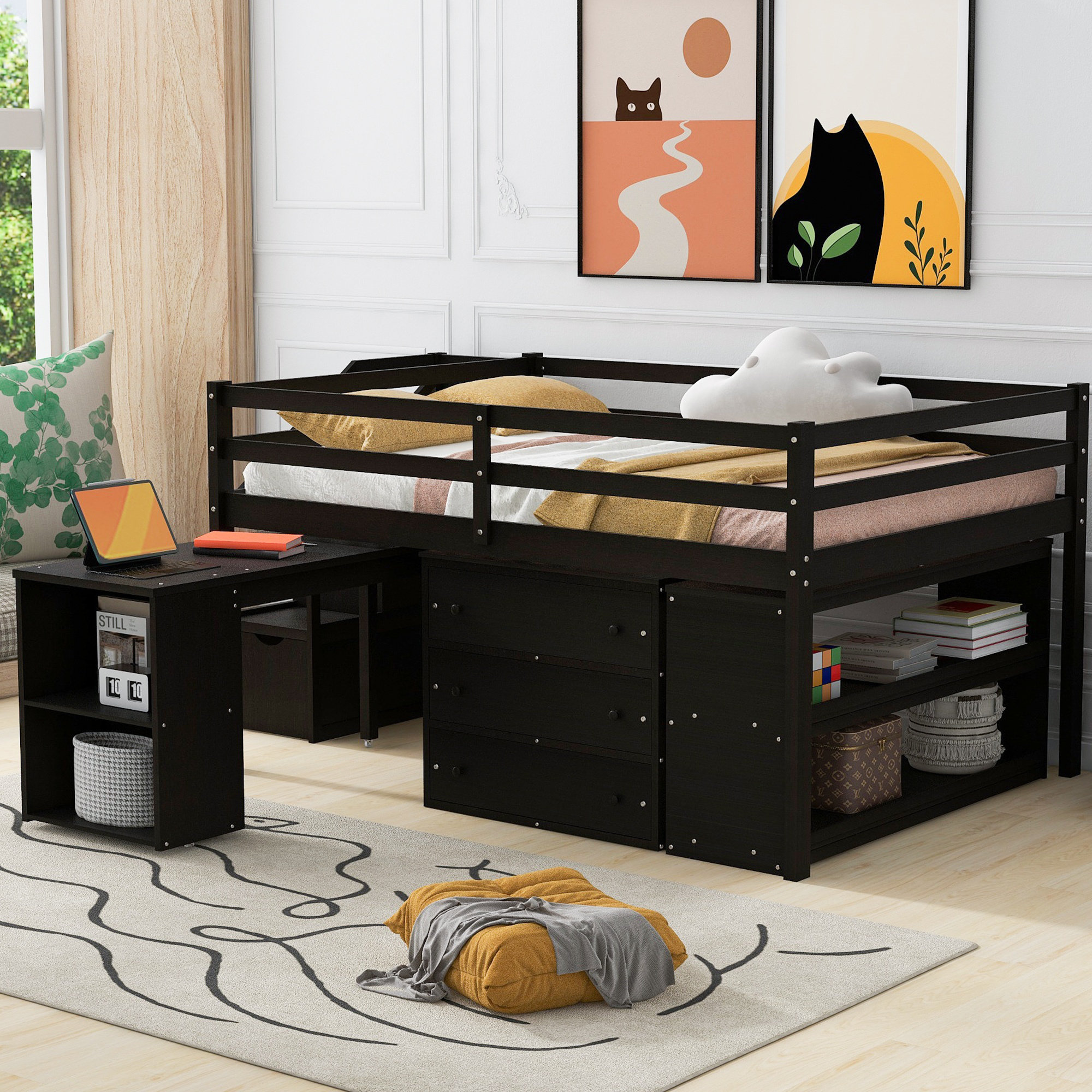 Harriet Bee Full Size Loft Bed with Retractable Writing Desk and 3 ...