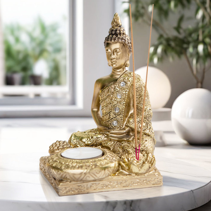 Bungalow Rose Golden Buddha Statue Incense Holder, 6" Tabletop Decor ...
