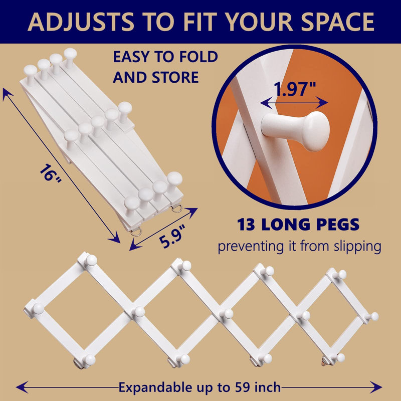 Red Barrel Studio® Expandable Wooden Wall Mount Folding Rack With 13 ...