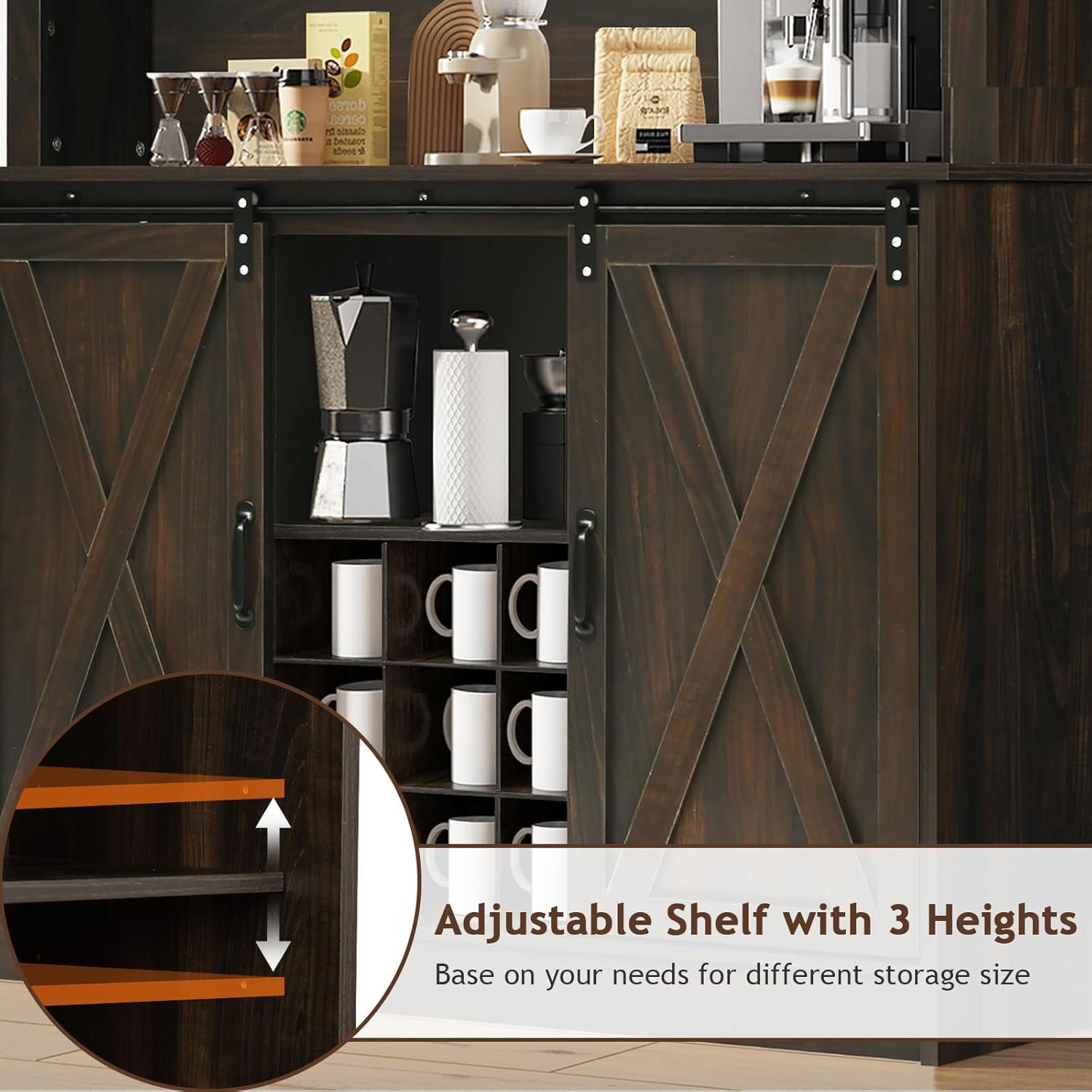 Gracie Oaks Farmhouse Coffee Bar Cabinet with 2 Glass Doors & 9 Wine ...