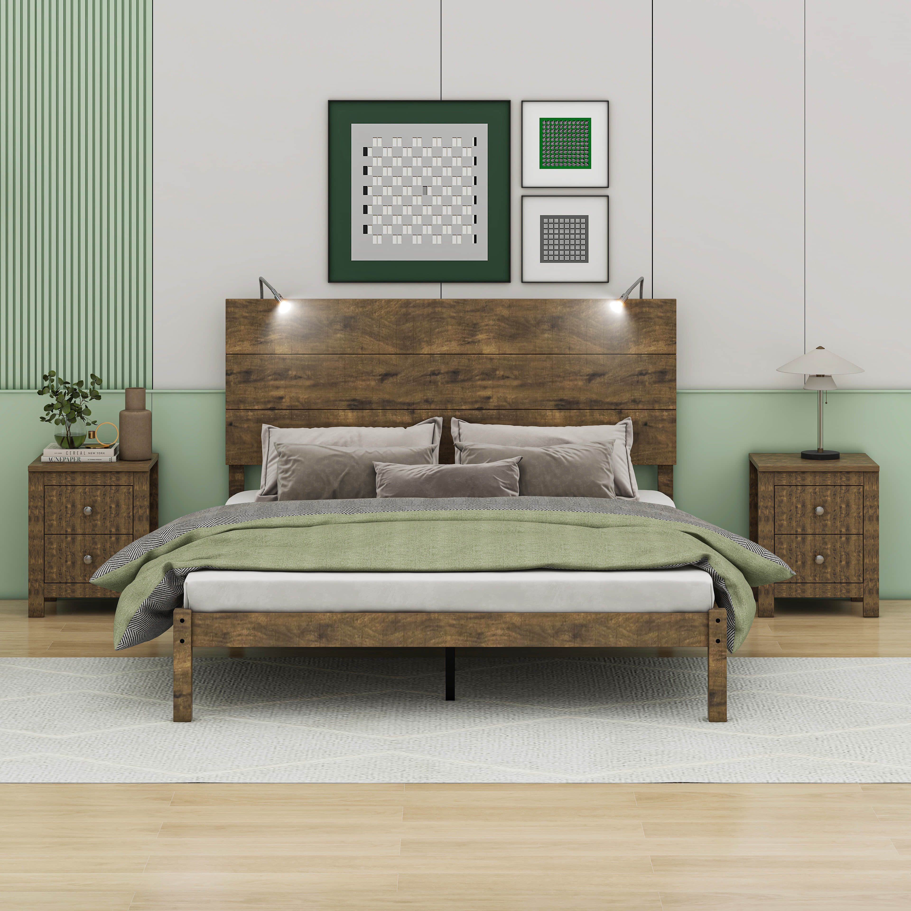 Cosmic 3-Pieces Bedroom Sets, Farmhouse Platform Bed With Two Bedside ...