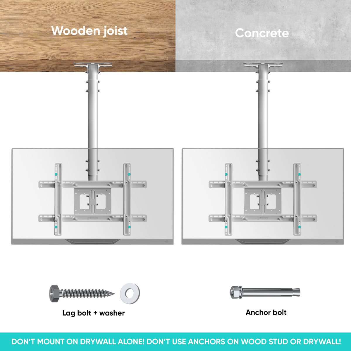 ONKRON White Ceiling Mount for TV for 32" - 80" TV Screen, Ceiling ...