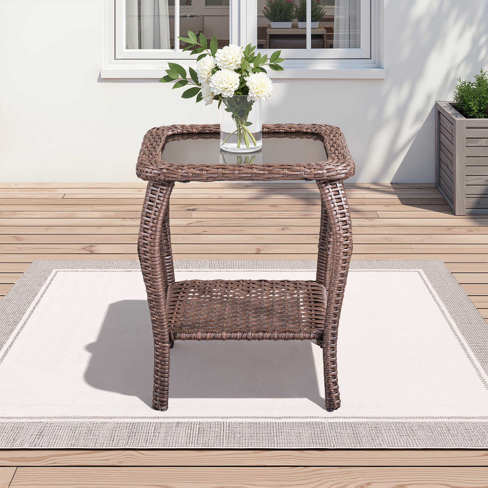 Dakota Fields Outdoor Wicker Side Table,Double Rectangular Wicker Patio ...