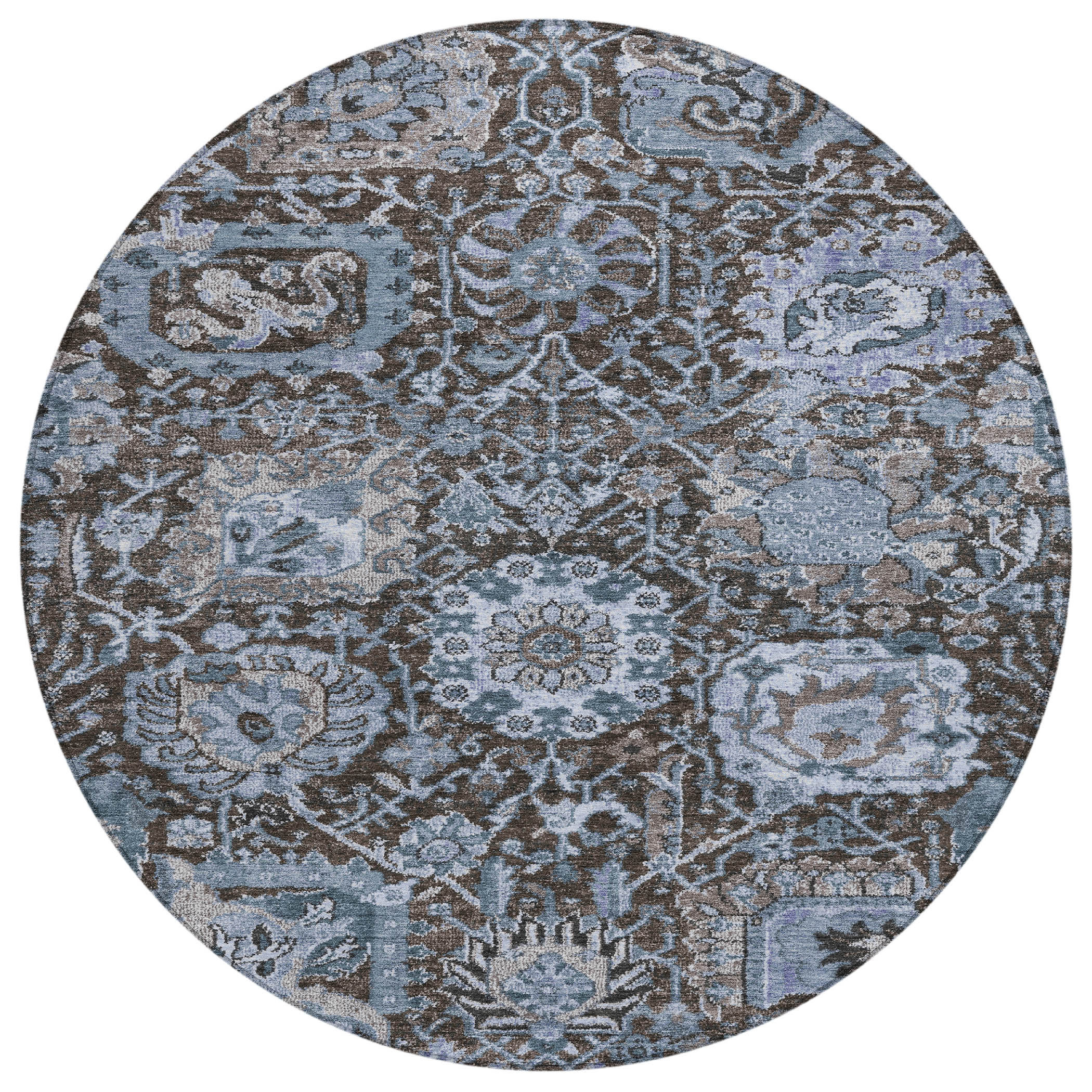 Orren Ellis 8' Denim Blue And Slate Blue Round Damask Washable Indoor ...