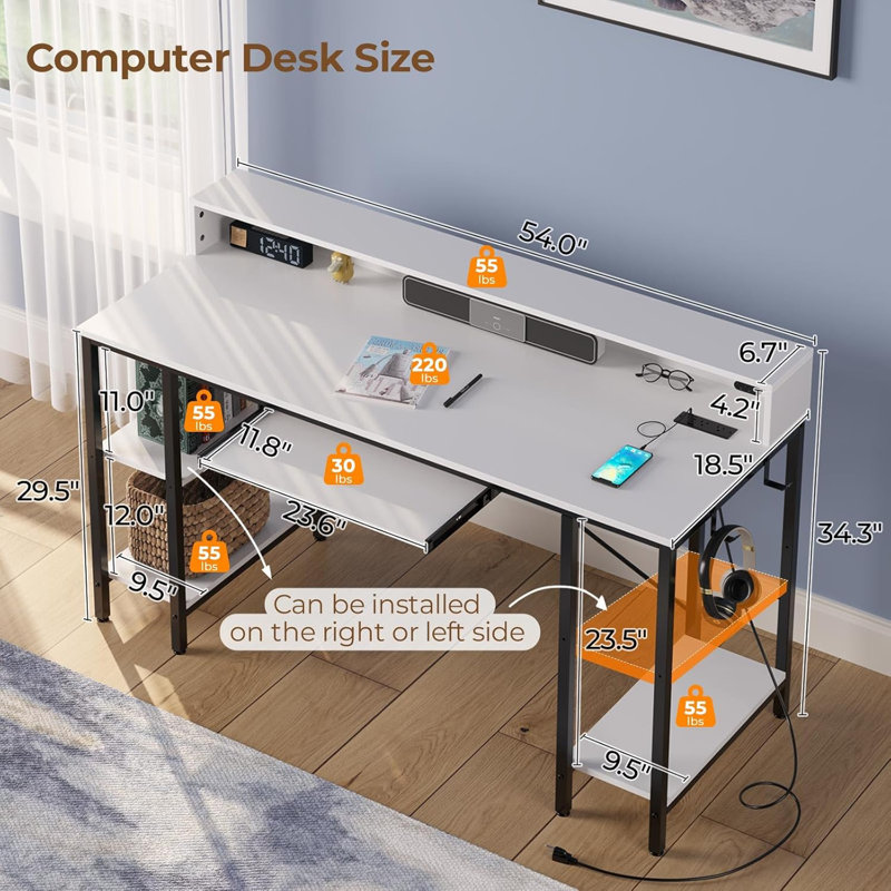 Orren Ellis Computer Desk 54 inch with LED Lights & Power Outlets ...