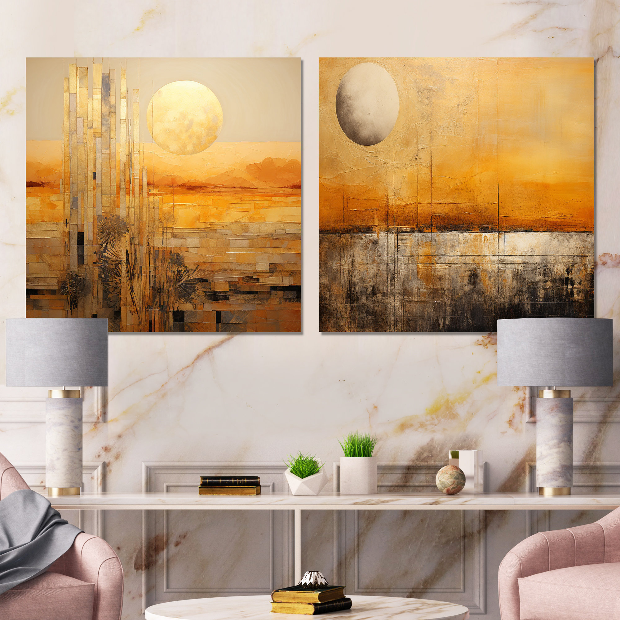 Design Art Golden Sunset Cottage Countryside Landscape - Abstract ...