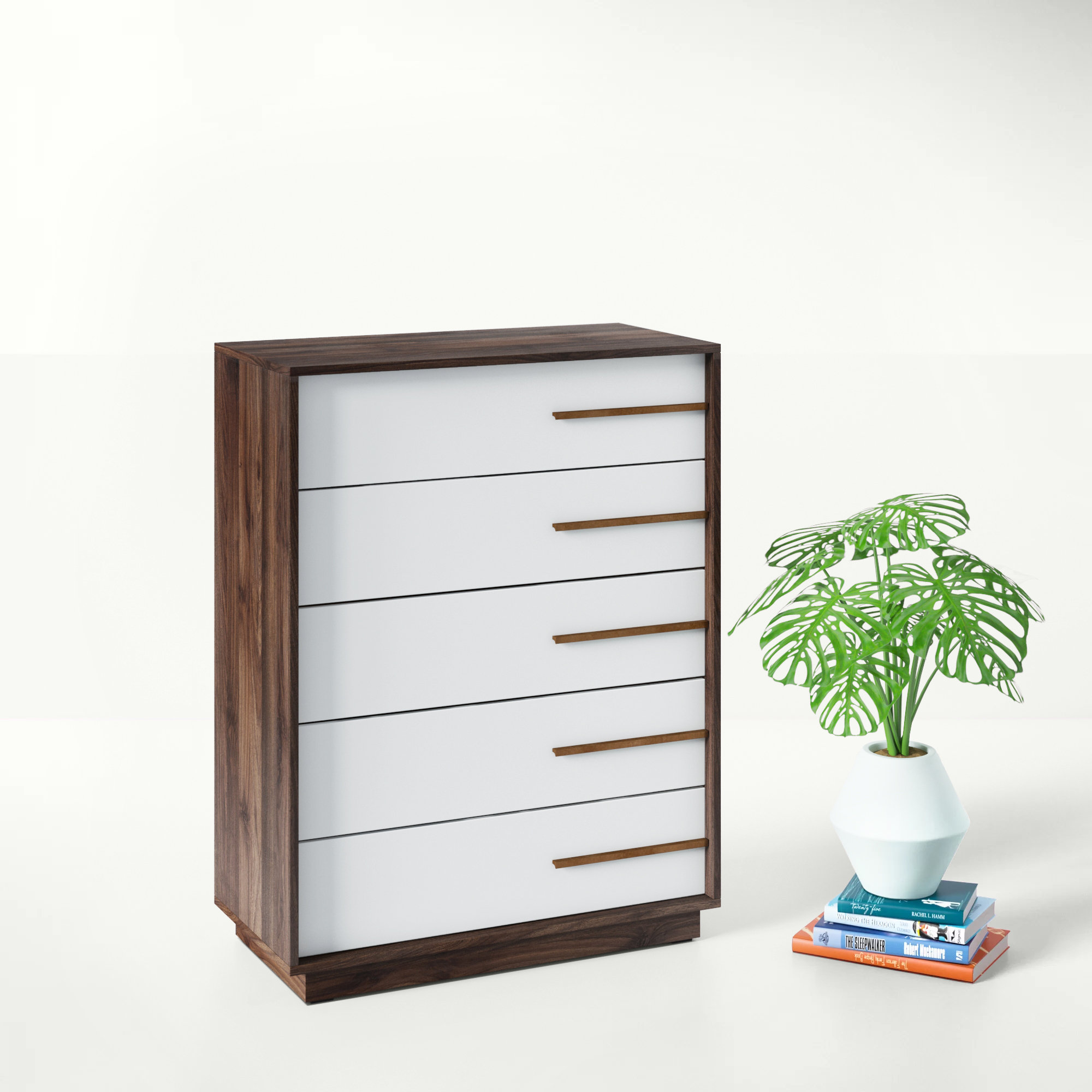 Wrought Studio™ Karac Mid-Century Modern Two-Tone White And Walnut ...