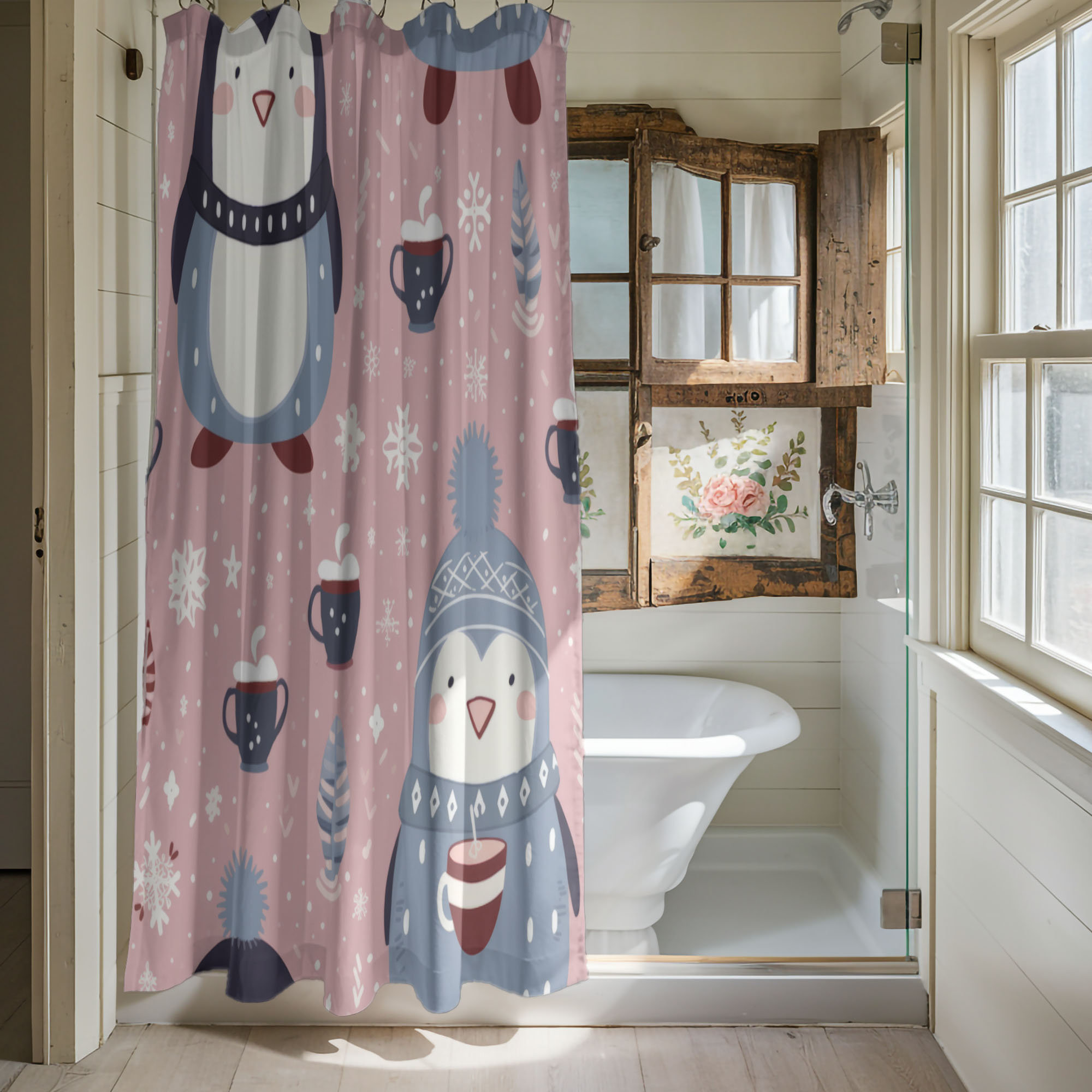 The Holiday Aisle® Playful Waddle - Premium Shower Curtain | Wayfair