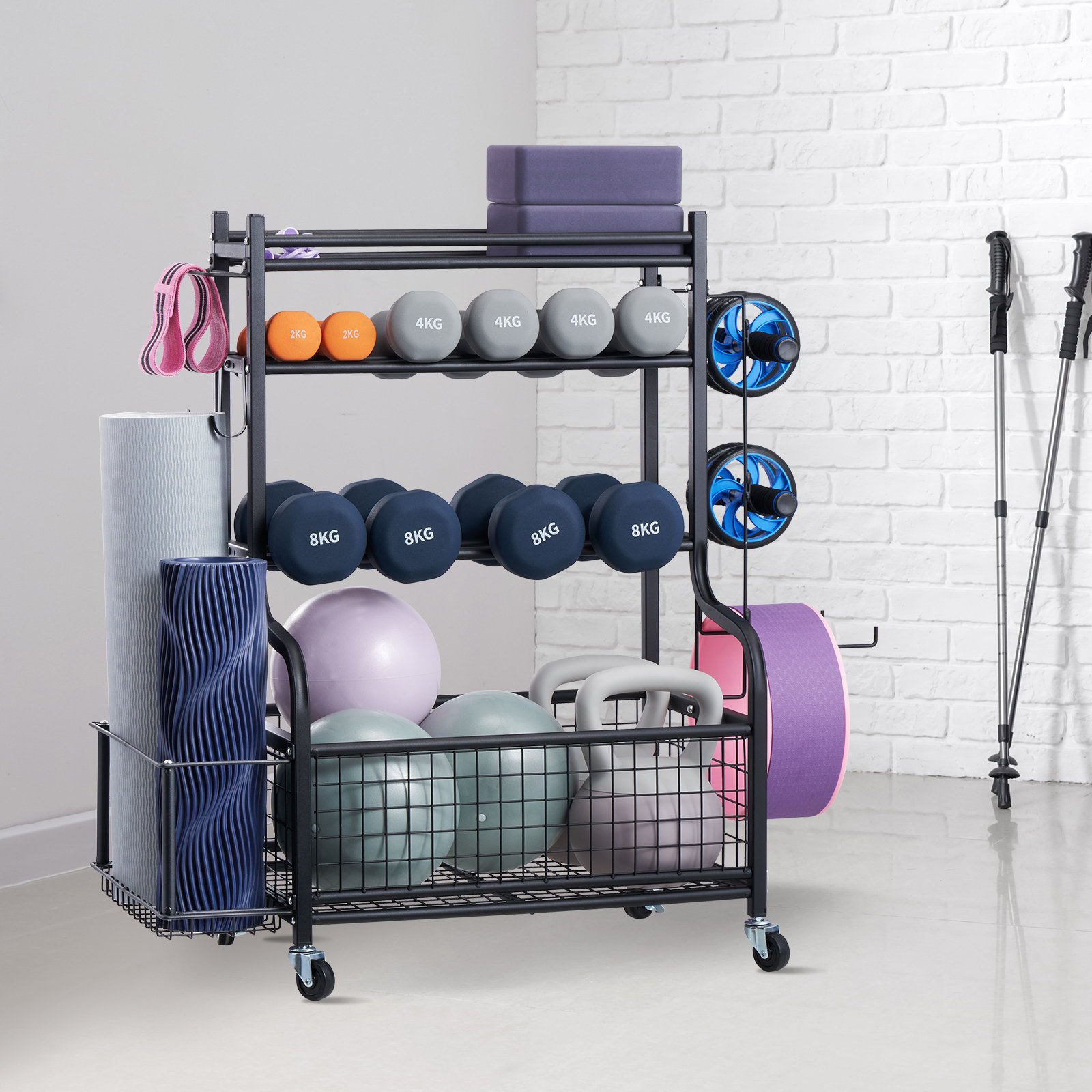 17 Stories Home Gym Workout Equipment Organizer Yoga Mat Storage Weight ...