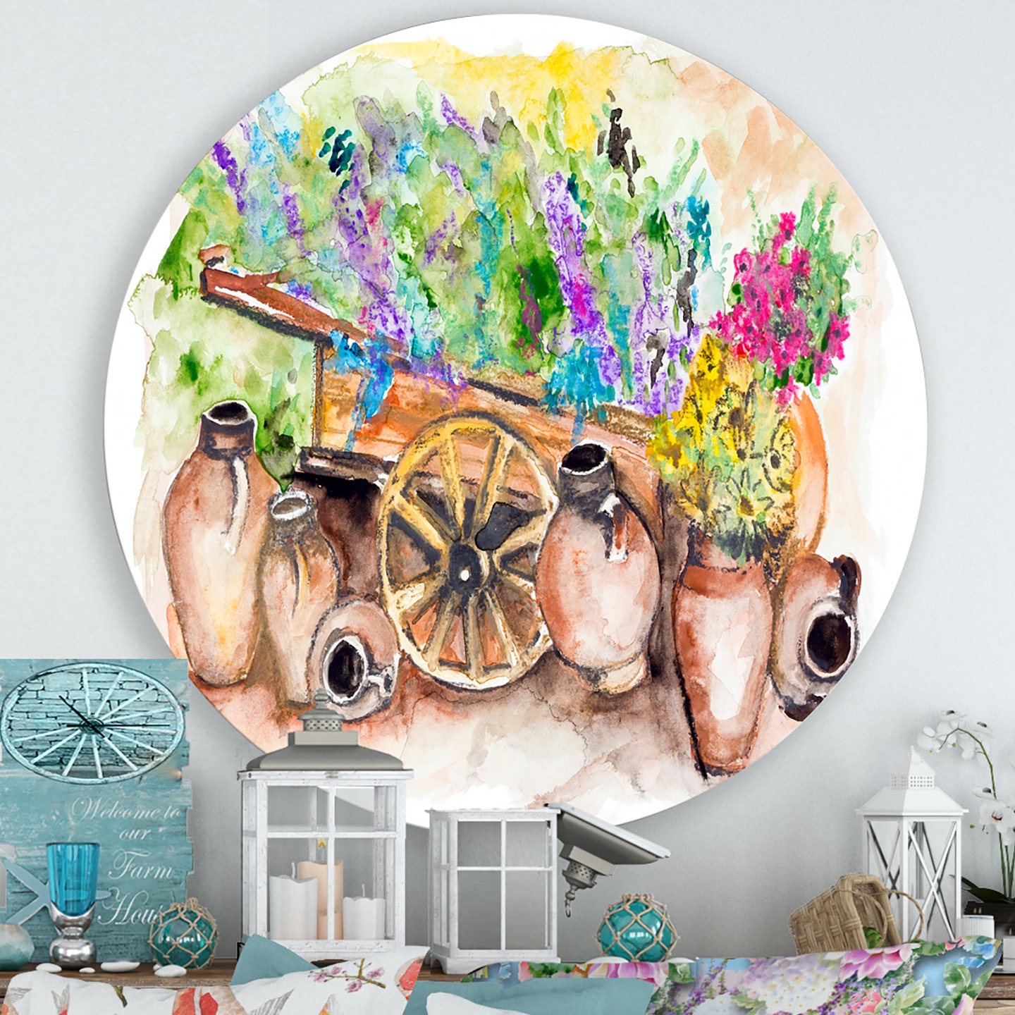 East Urban Home Lavender Flowers On Ancient Cart - Traditional Metal ...