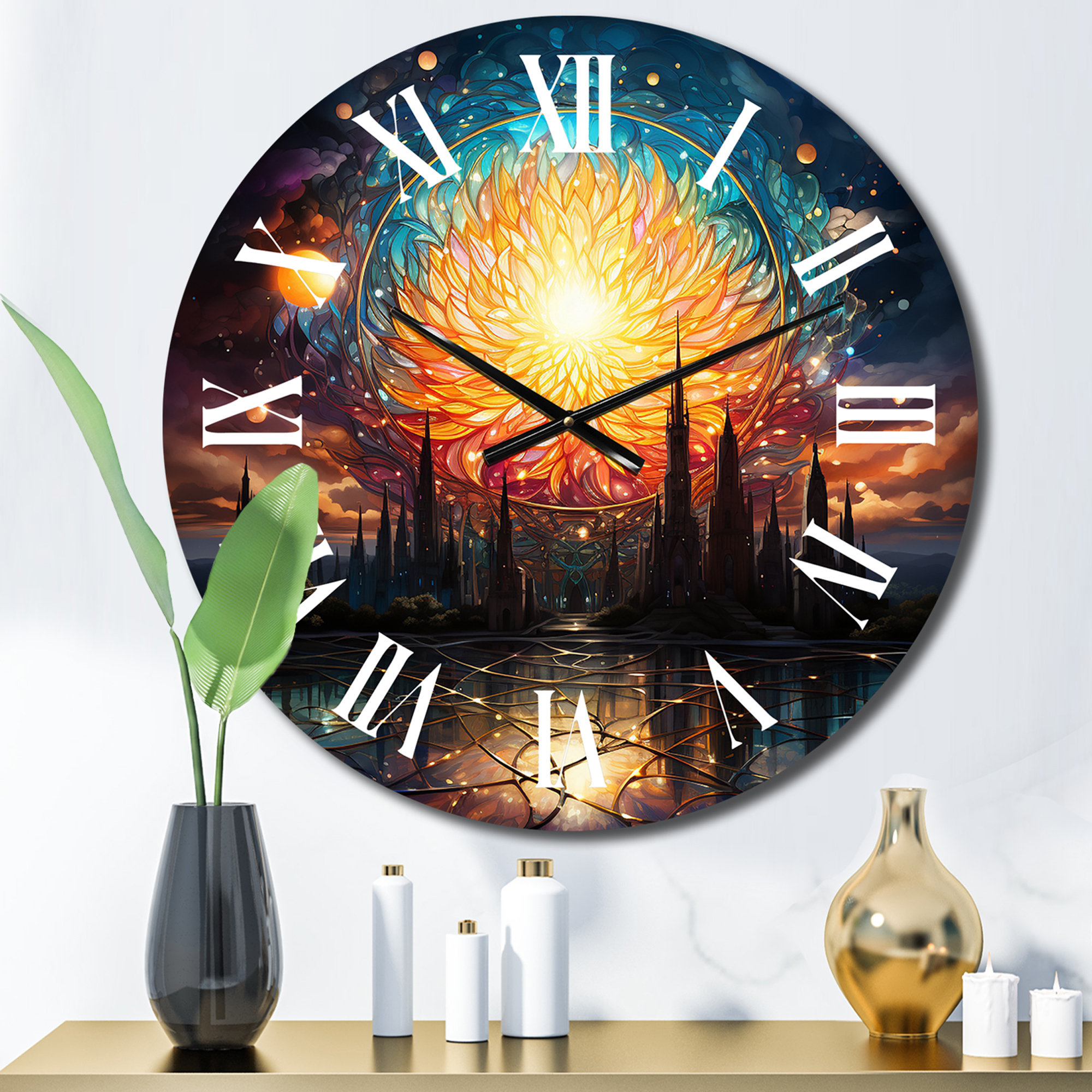 Design Art City of Flowers Full Moon Fantasy Landscapes Wall Clock ...