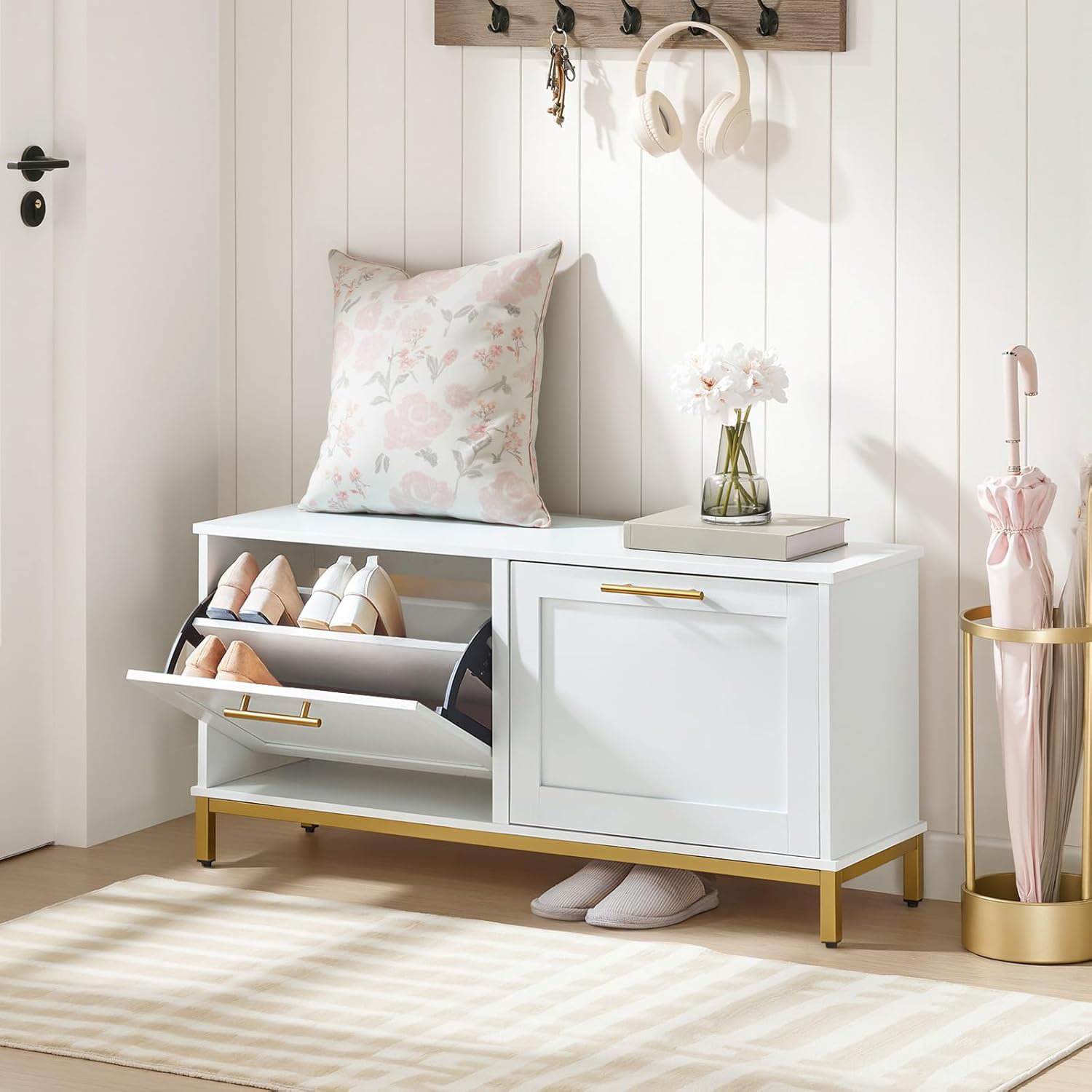 Everly Quinn Shoe Bench For Entryway, Storage Bench With 2 Flip Drawers ...