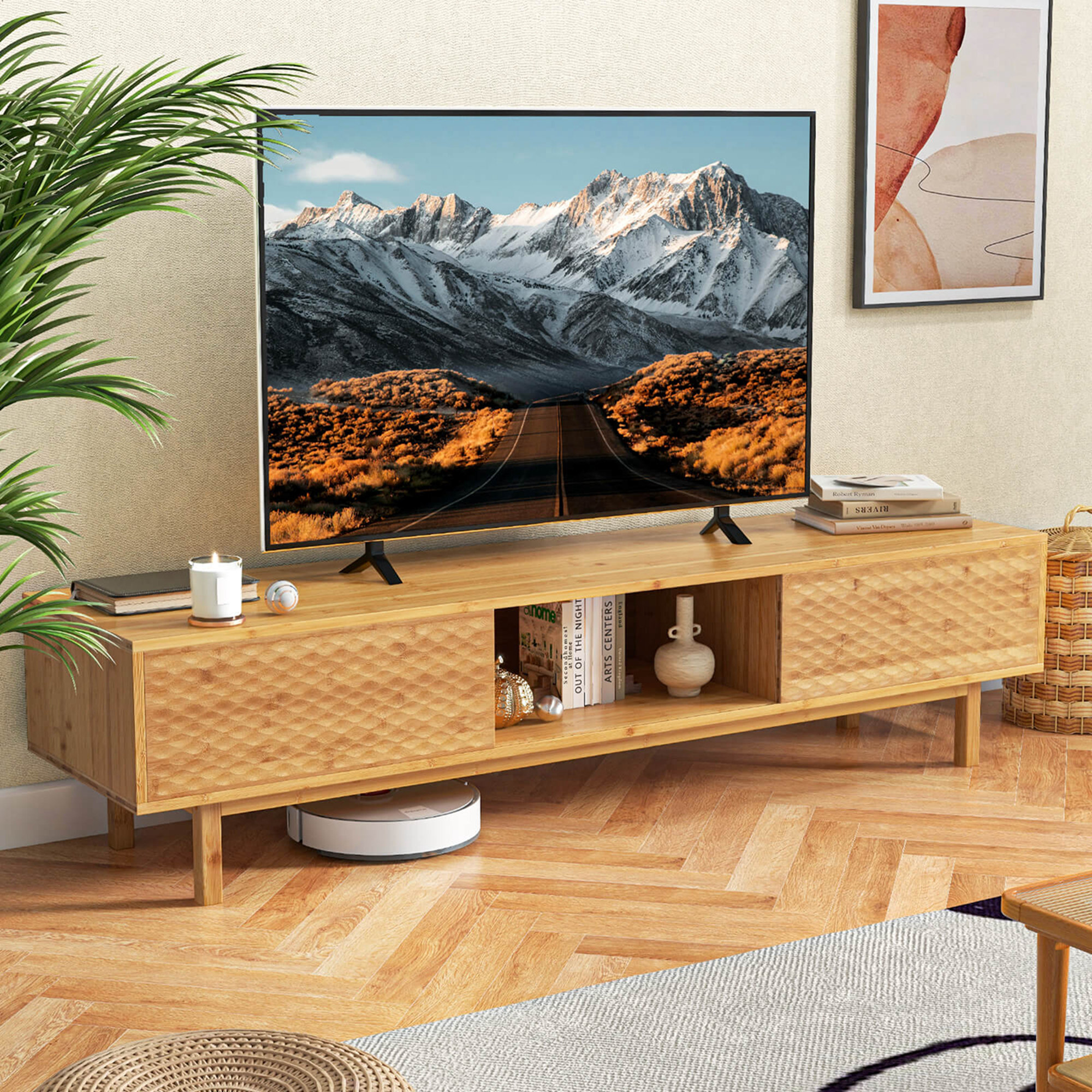 Millwood Pines 63" Bamboo Tv Stand With 3 Storage Cubes Sliding Doors ...