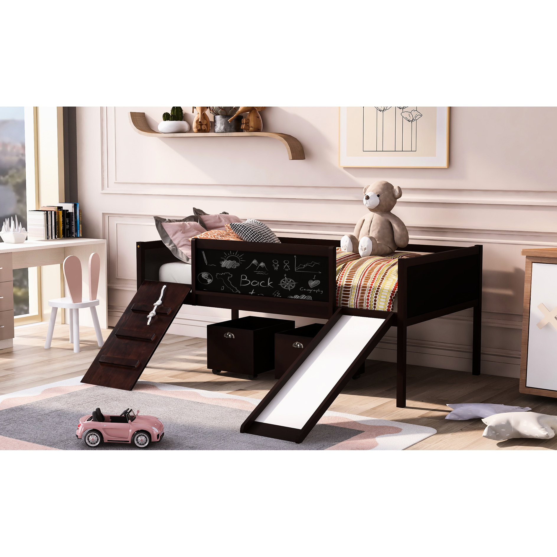 Ebern Designs Twin Wood Bed With Climbing Frame & Chalkboard - Creative ...