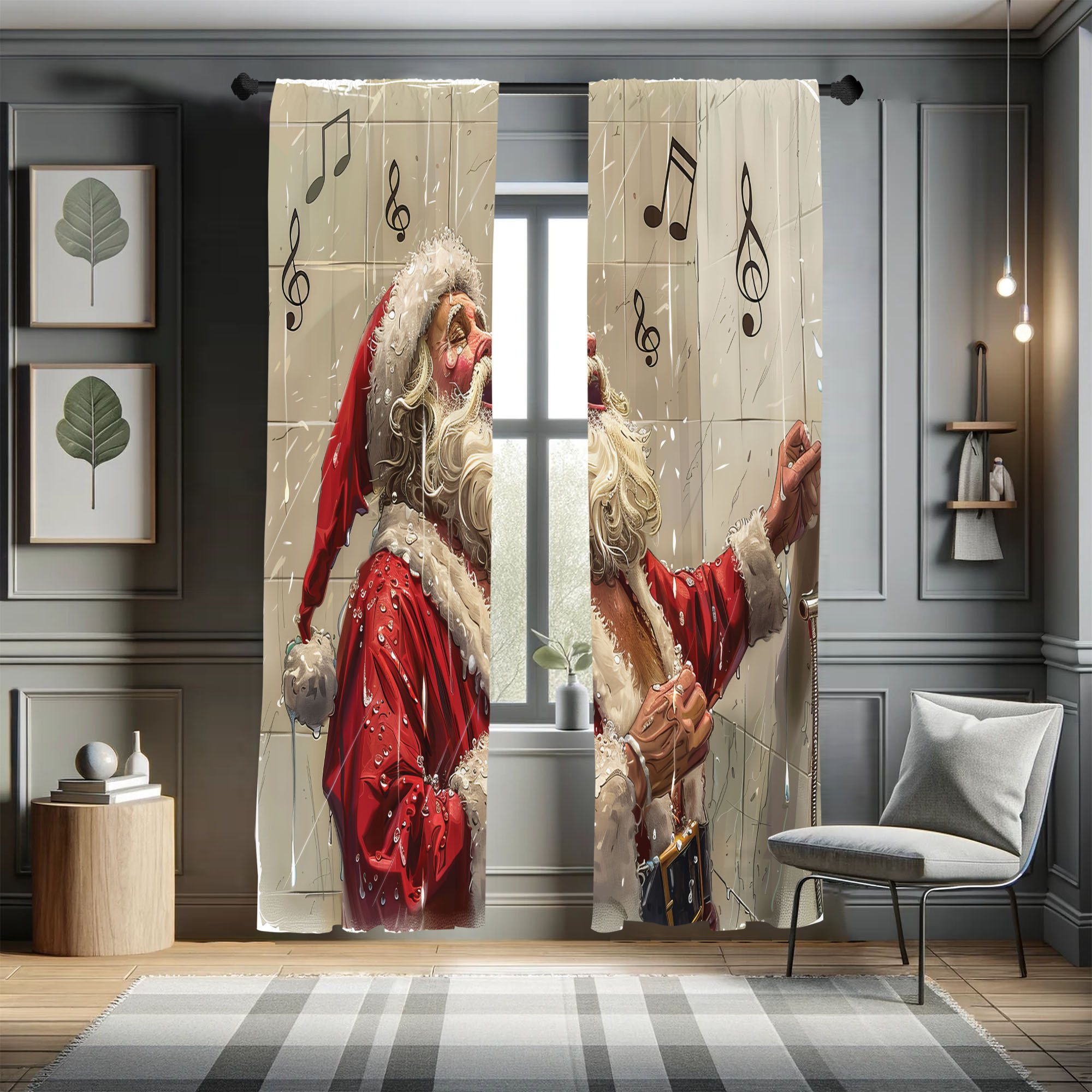 The Holiday Aisle® Christmas Curtains, Snata Claus Sings Shower | Wayfair