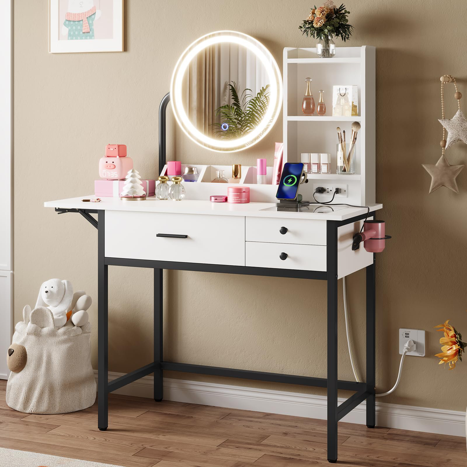 Mercer41 Vanity Desk With Touch Screen Round Mirror And Lights | Wayfair