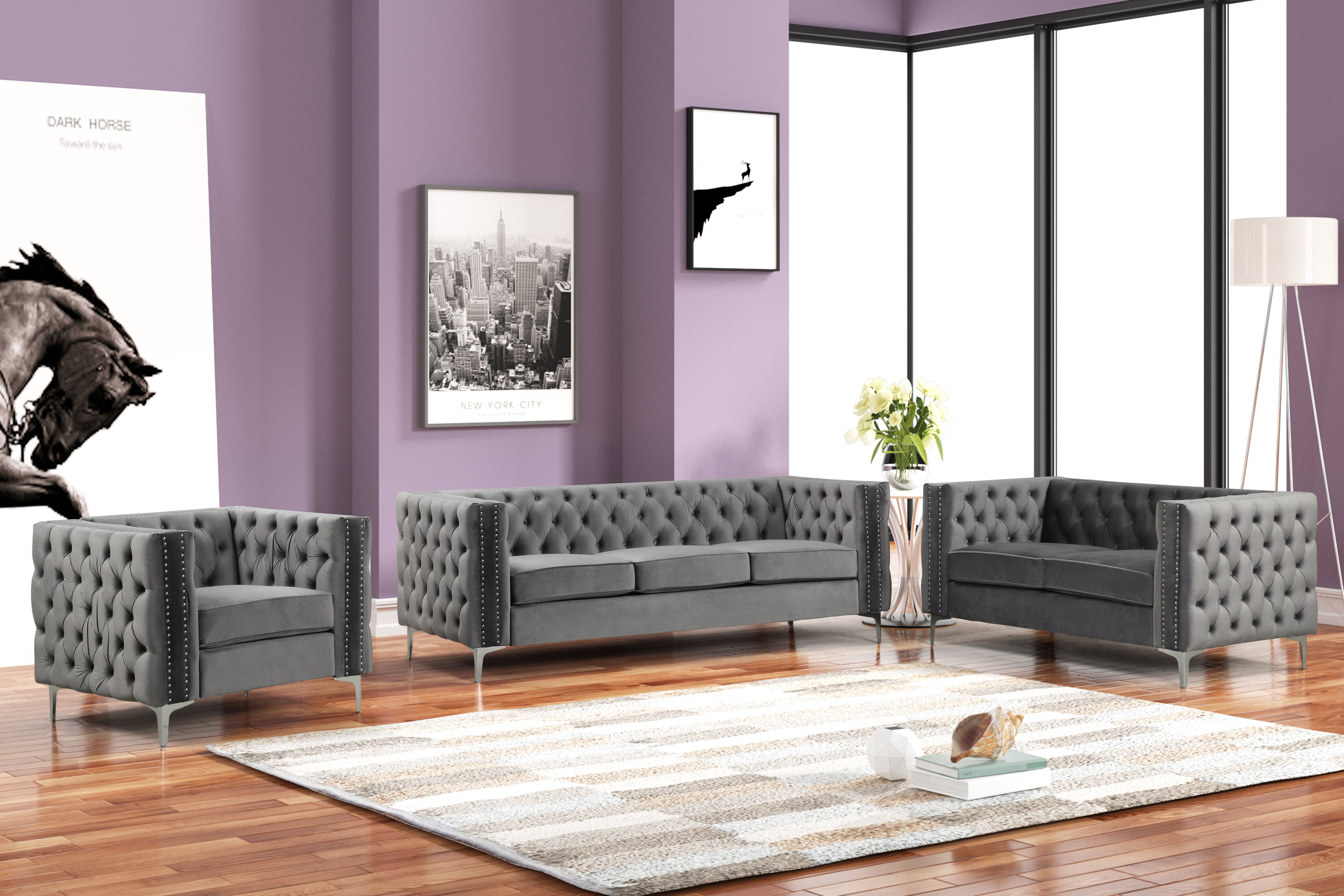 USLivings Rebekah 3 Piece Velvet Living Room Set - Wayfair Canada