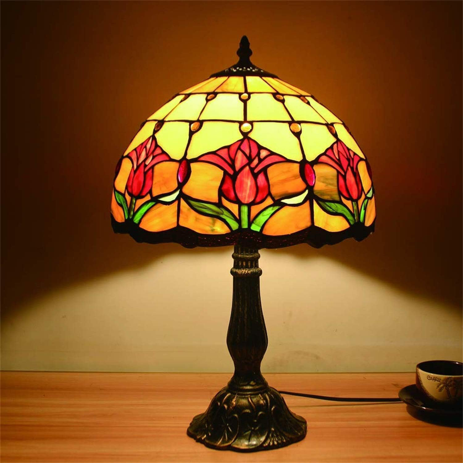 Bloomsbury Market 12 inch Tiffany tulip flower stained glass table lamp ...