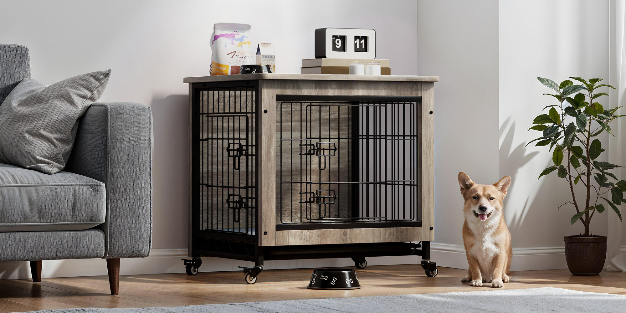 Archie & Oscar™ Modern Dual-Door Dog Crate End Table with Wheels and ...