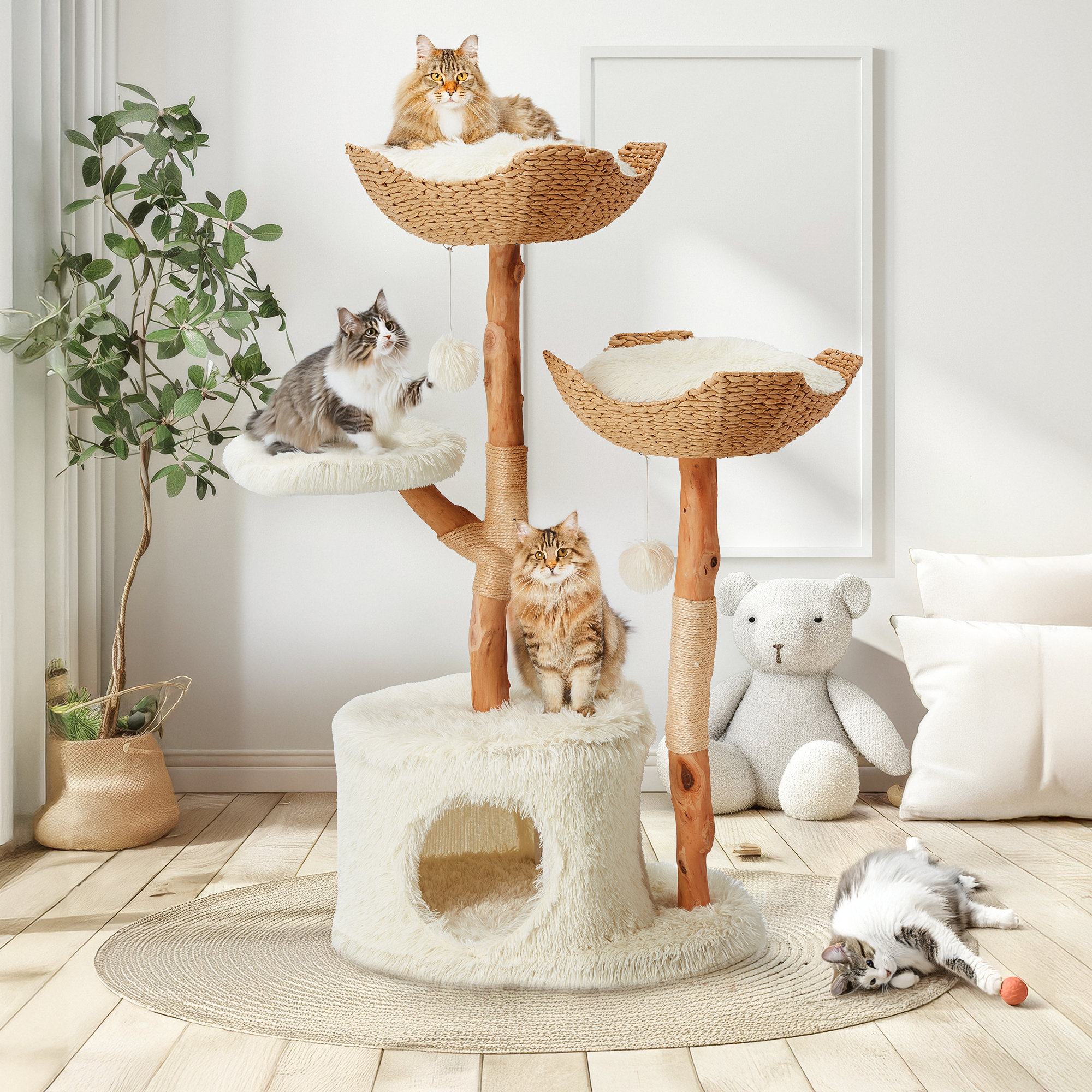 EROMMY Natural Wood Cat Tower With Hand-woven Baskets And Cat Condo ...