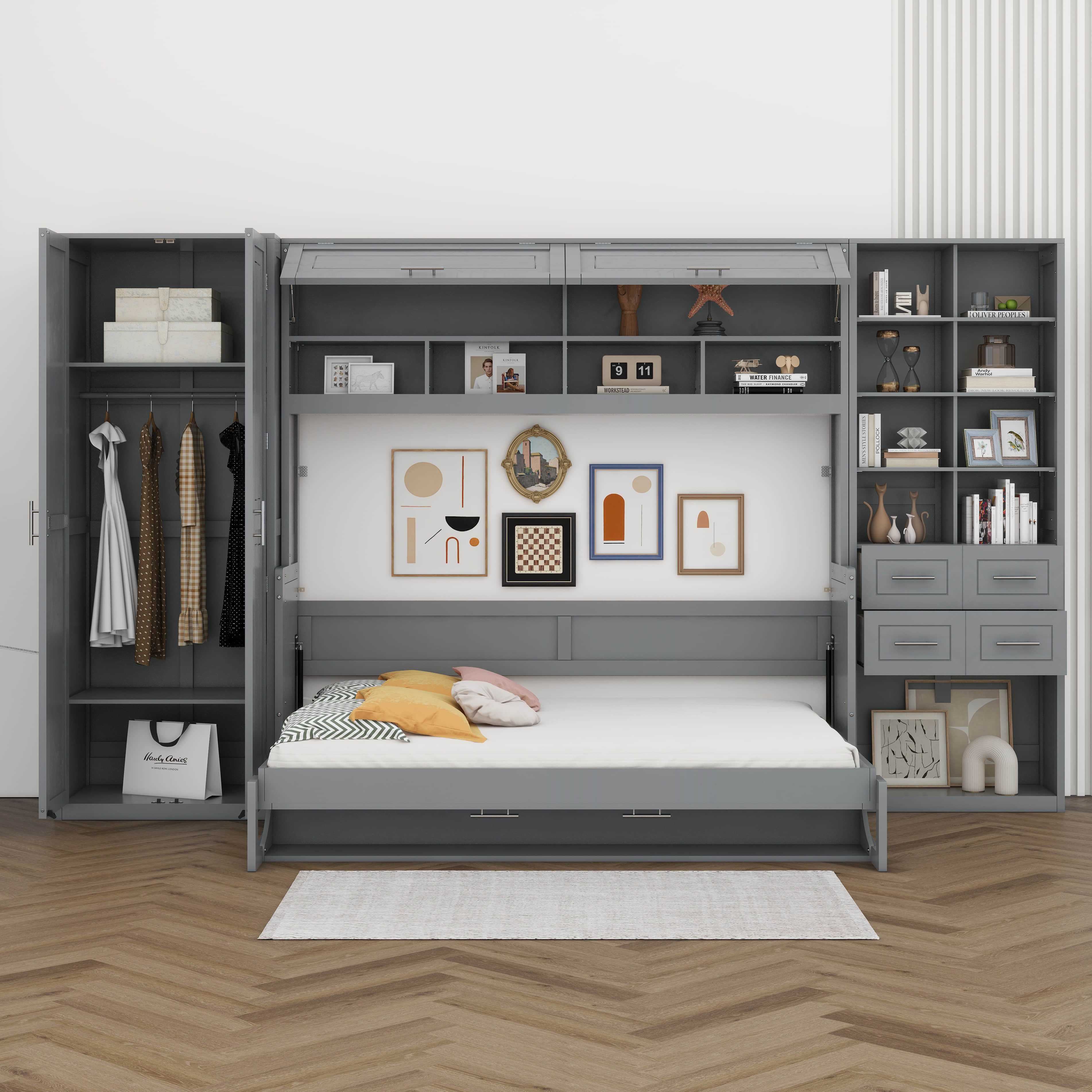 Hokku Designs Queen Size Murphy Bed Wall Bed With Closet Drawers And