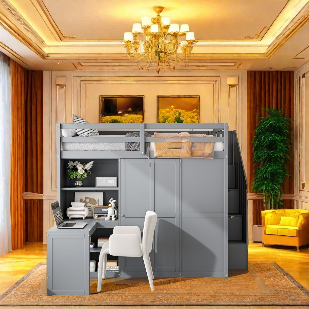 Livaca Multifunctional Loft Bed With Wardrobe Racks, Foldable Shelves ...