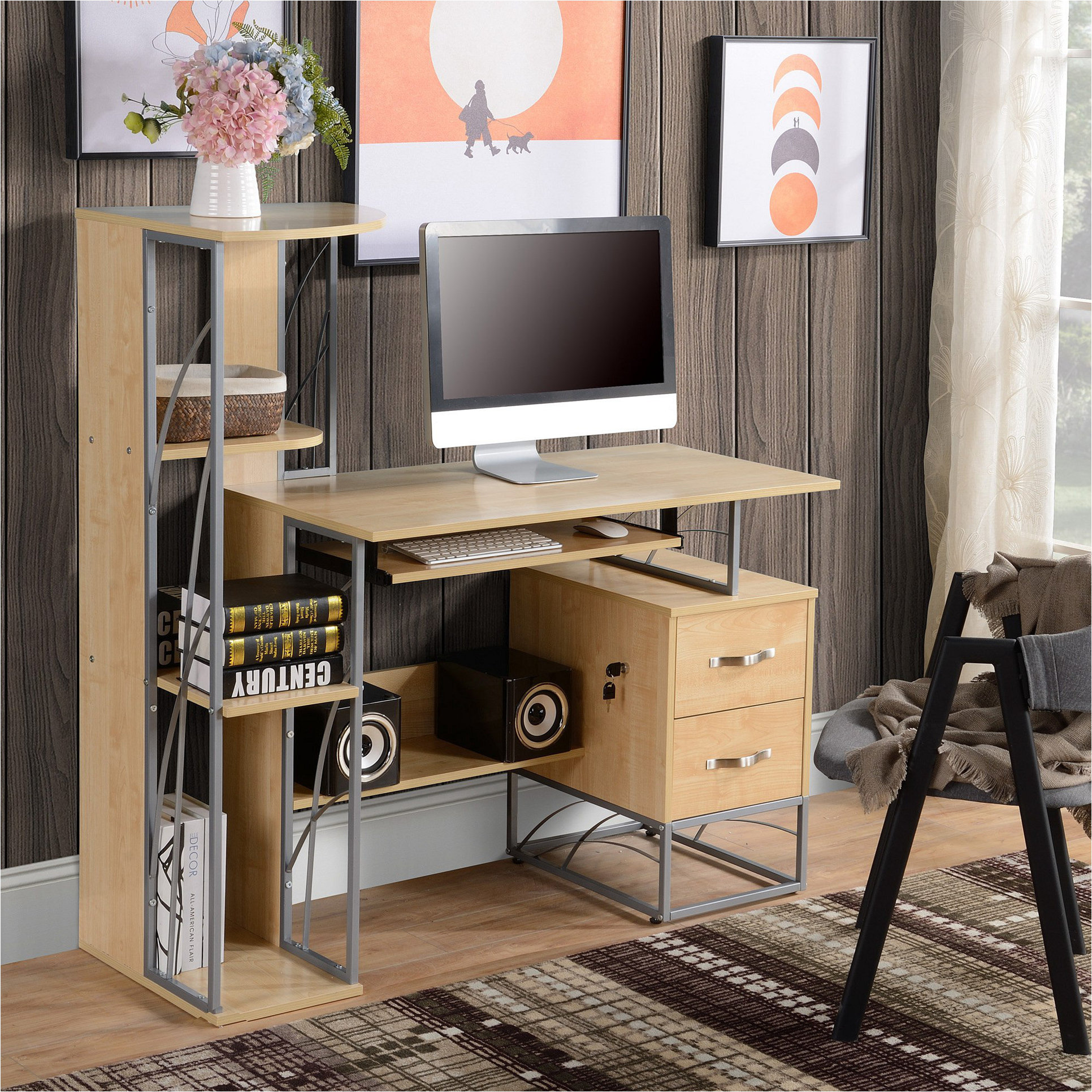 Latitude Run® HOMCOM Modern Computer Desk With 4-Tier Bookshelf, Home ...