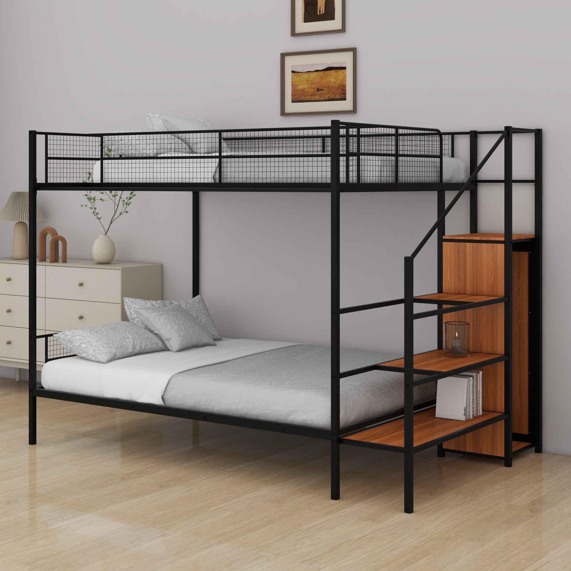 WORK LOGICS LLC Metal Bunk Bed With Wire Shelving And Lateral Storage Ladder And Wardrobe ...