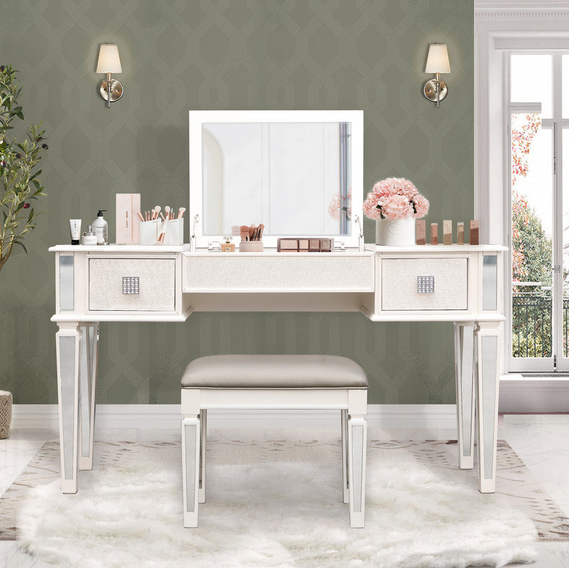 Rosdorf Park Mirrored Vanities Desk with Drawers, Bedroom Makeup Vanity ...