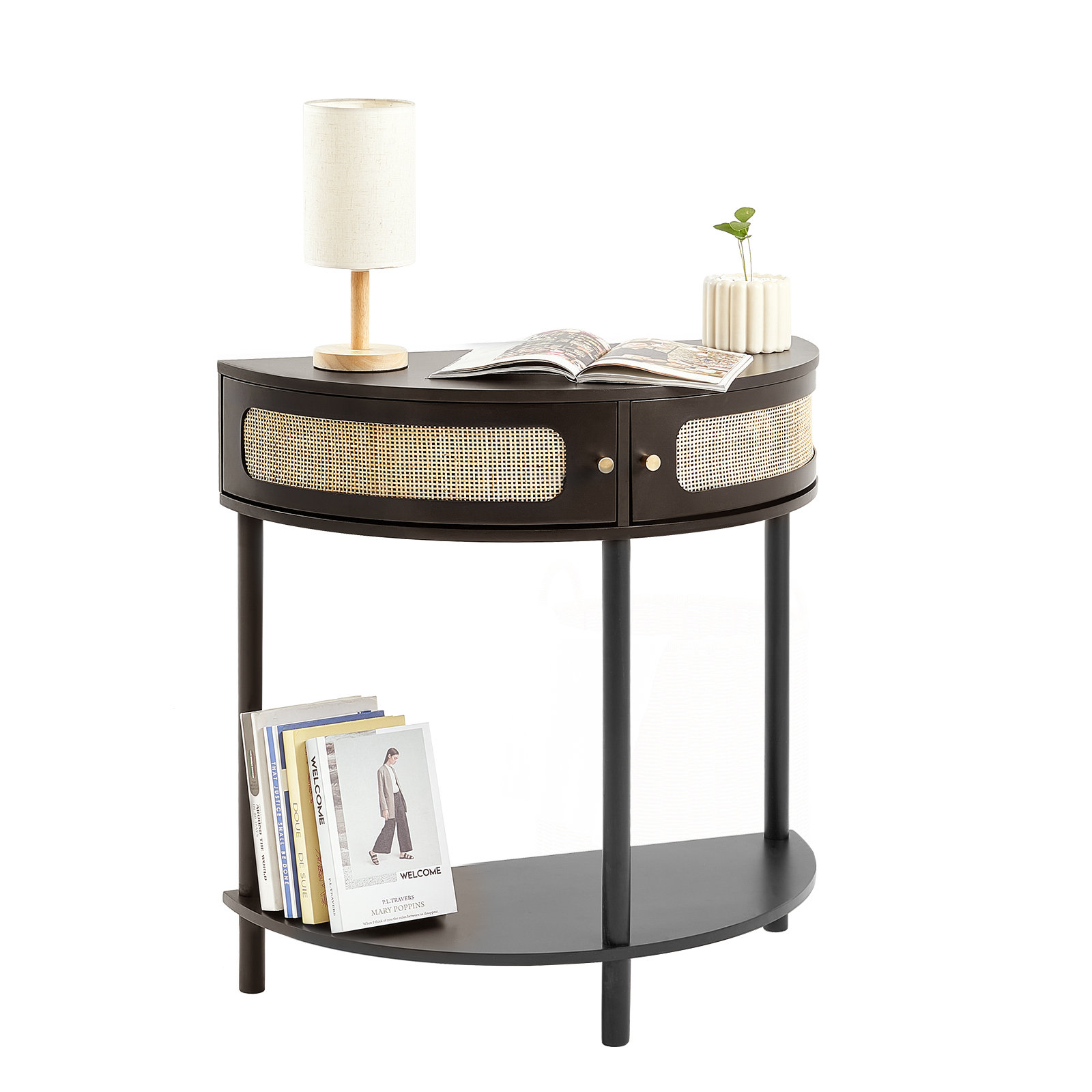 VEVOR Half-moon Console Table 2 Storage Drawers Rattan Sliding ...