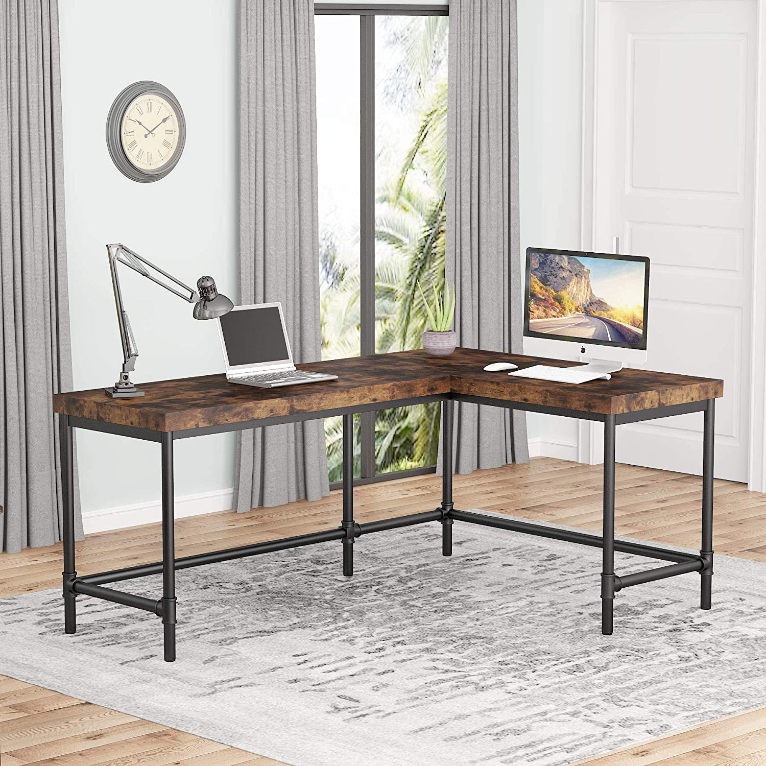 Inbox Zero L-Shaped Desk, 67'' Computer Corner Desk Industrial ...