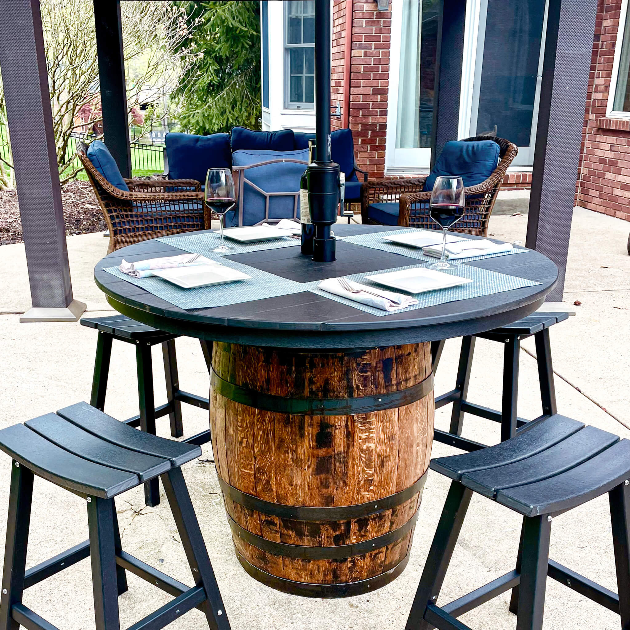 Mystic Barrels Outdoor Whiskey Barrel Pub Table with 48" Solid Oak Top ...