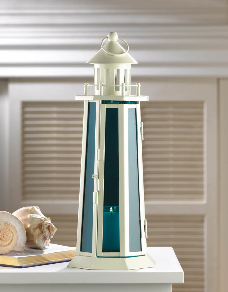 Longshore Tides Lighthouse Candle Lantern with Ocean Blue Glass ...