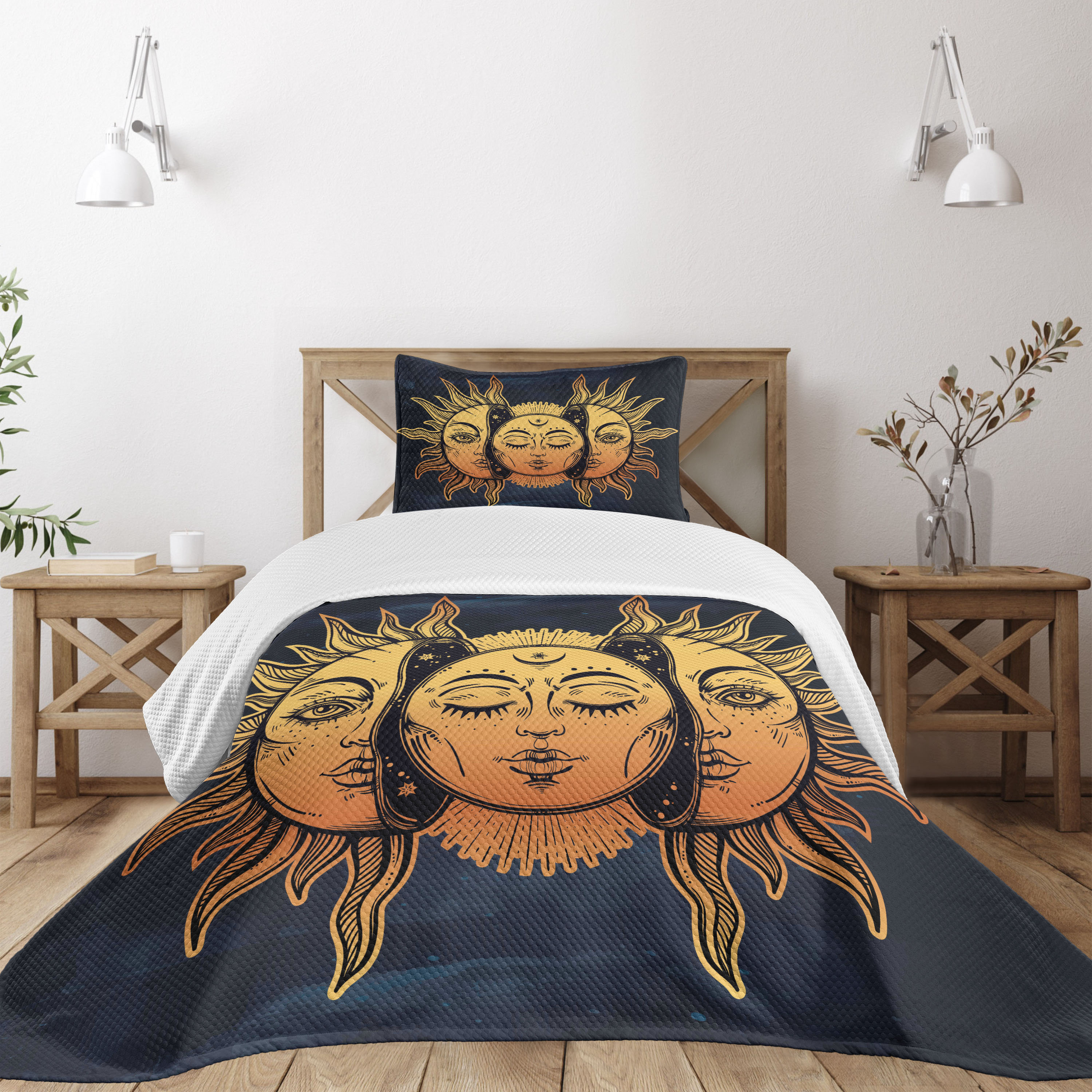 Ambesonne Psychedelic Bedspread Set Mystic Moon Sun Yellow Dark Blue ...