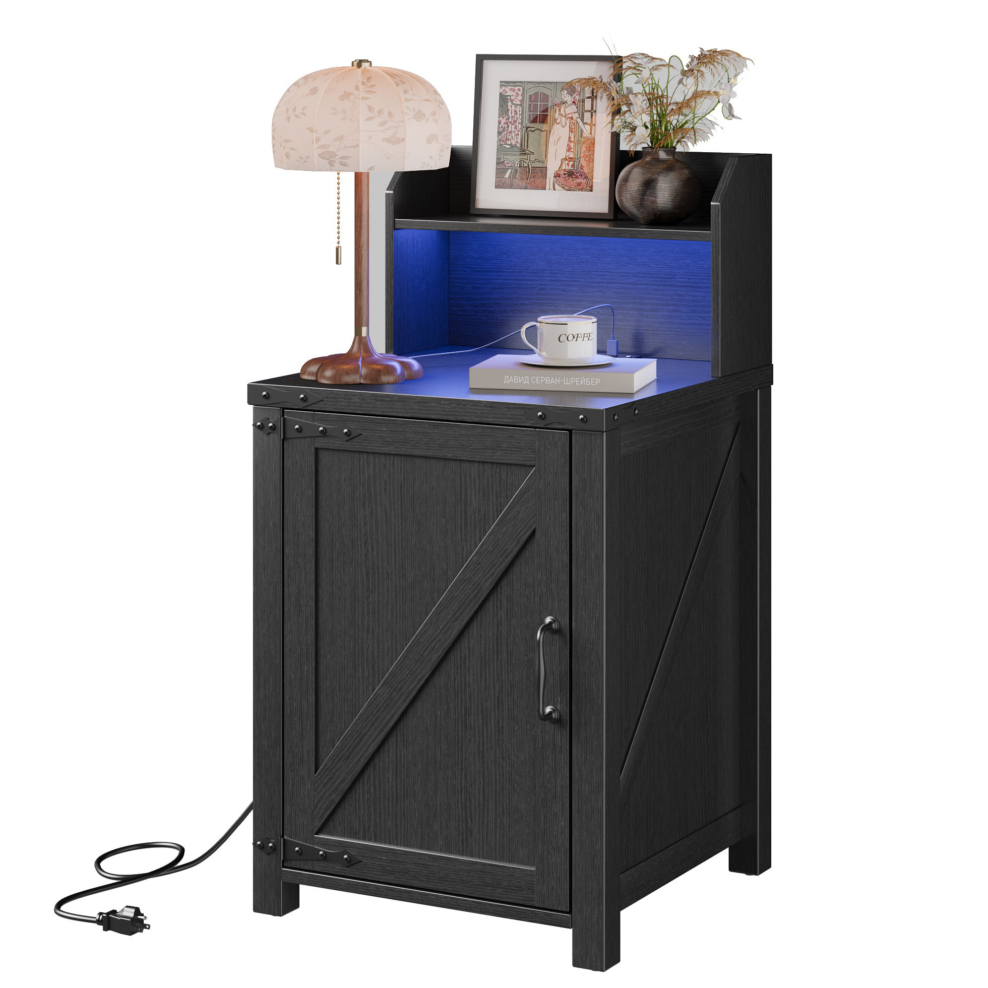 Ivy Bronx Nightstand with Charging Station, 18 Inch Farmhouse End Table ...