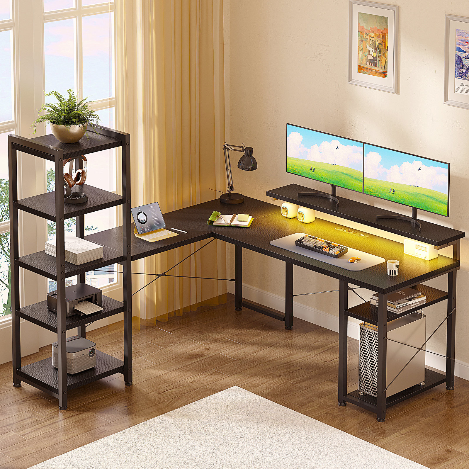 Ebern Designs Reversible L Shaped Desk With 5-tiers Storage Shelves ...