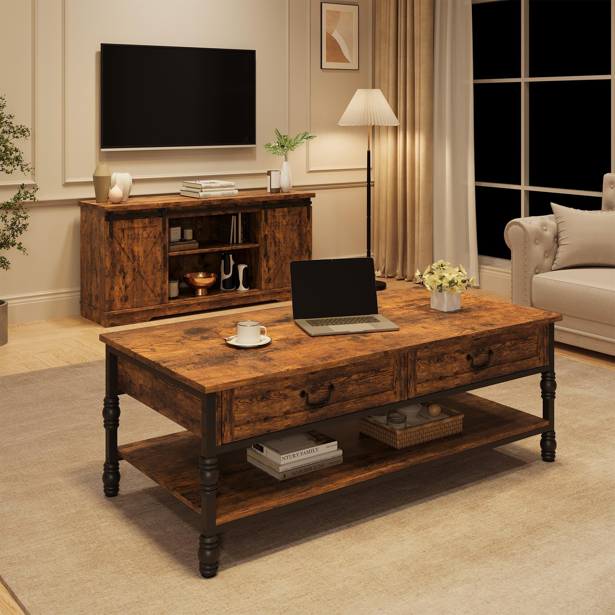 Williston Forge Coffee Table With Drawers 41" Large Center Table | Wayfair