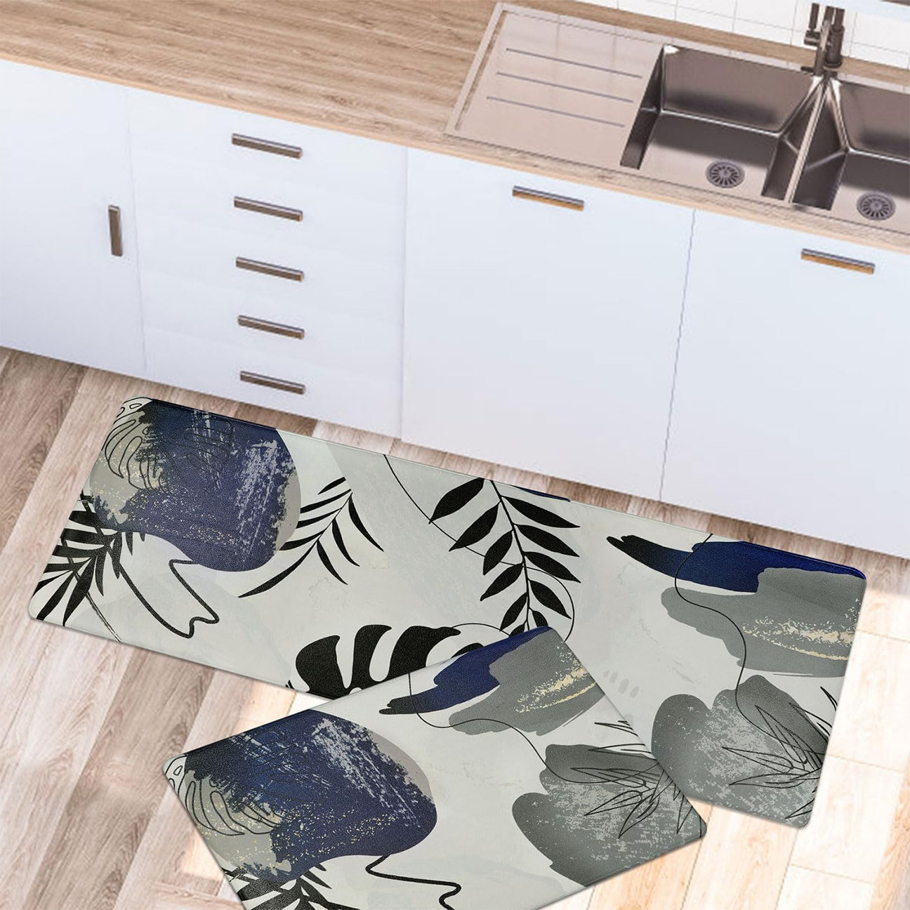 Bay Isle Home™ 4 Pcs Blue Kitchen Rugs Set,2 Pcs 17.3"×28" and 2 Pcs 17 ...