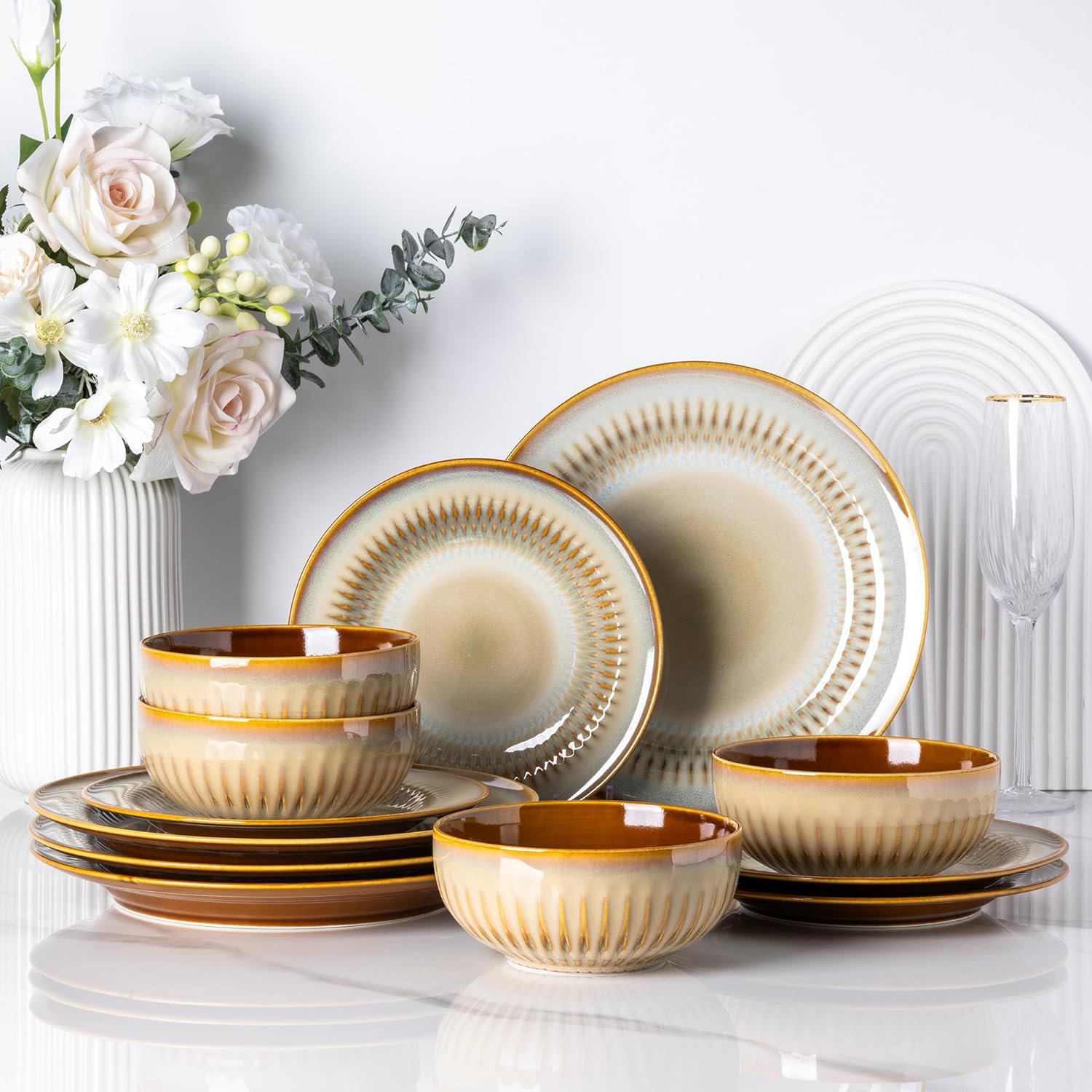 Everly Quinn Ceramic Dinnerware Sets Handcraft Embossed Stoneware ...