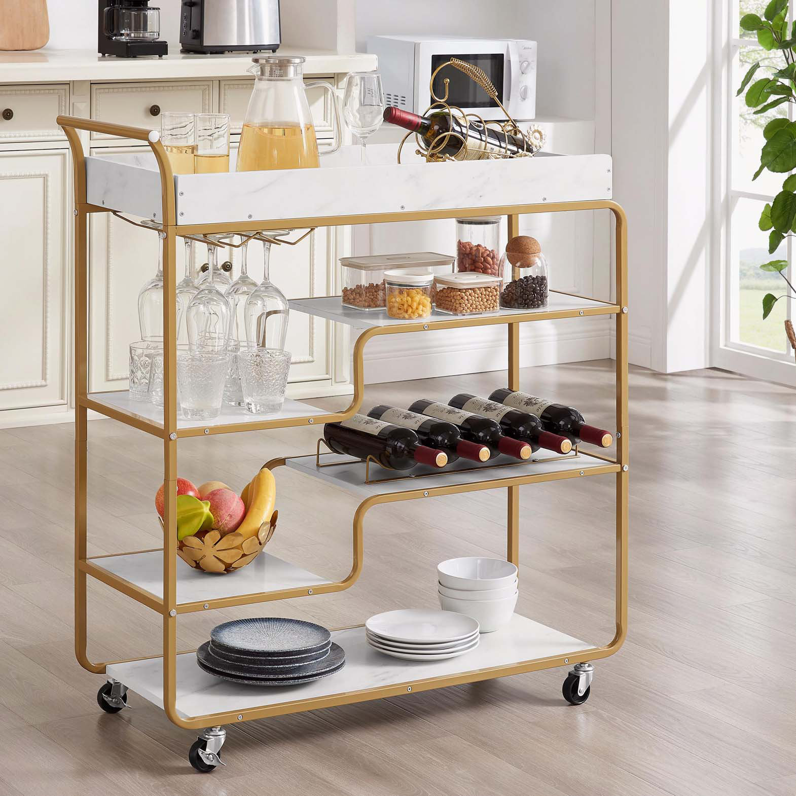 Mercer41 6-Tier Bar Cart, Slide Bar Serving Cart, Retro Style Wine Cart ...