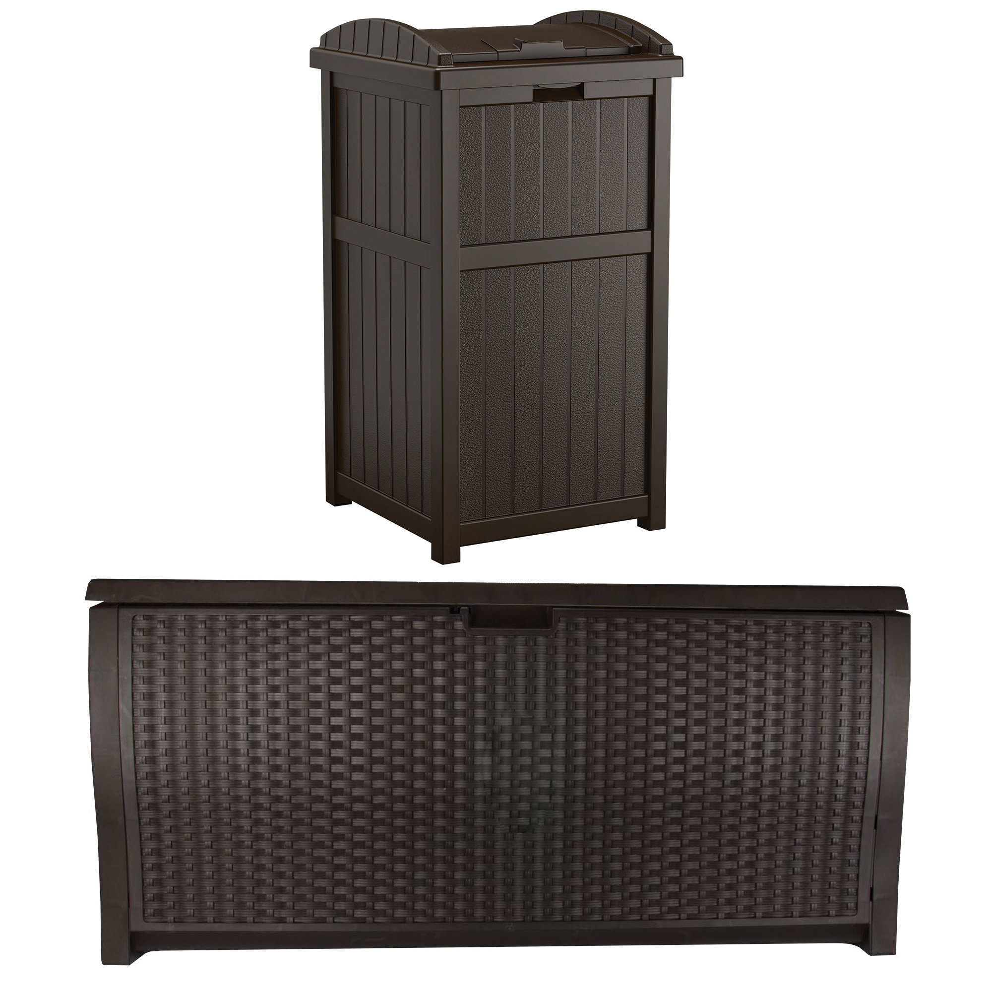 Suncast Trash Hideaway Outdoor Garbage Bin & 99 Gallon Deck Box W/ Seat ...