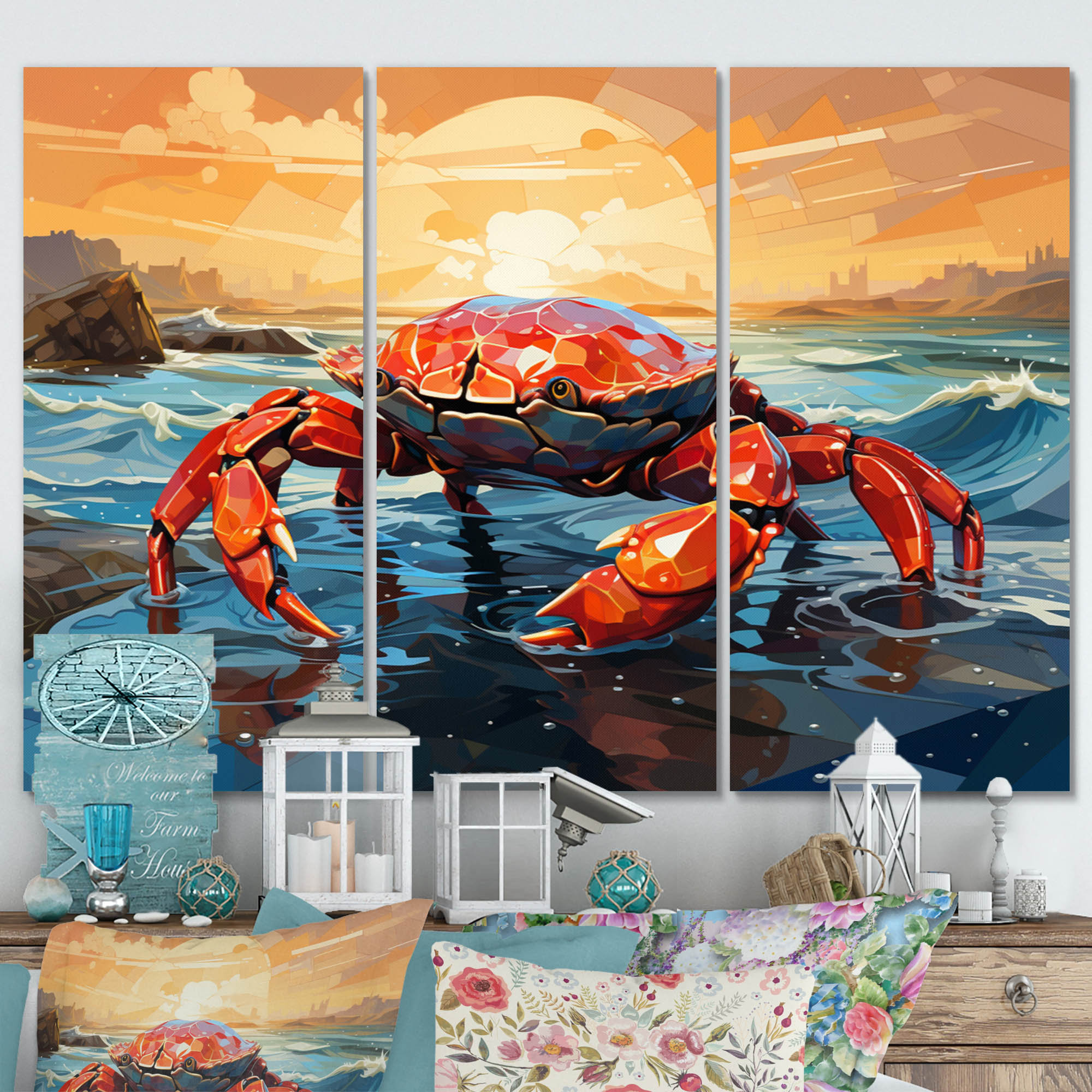 Highland Dunes Crab Coastal Guardian Geometric On Canvas 3 Pieces Print ...