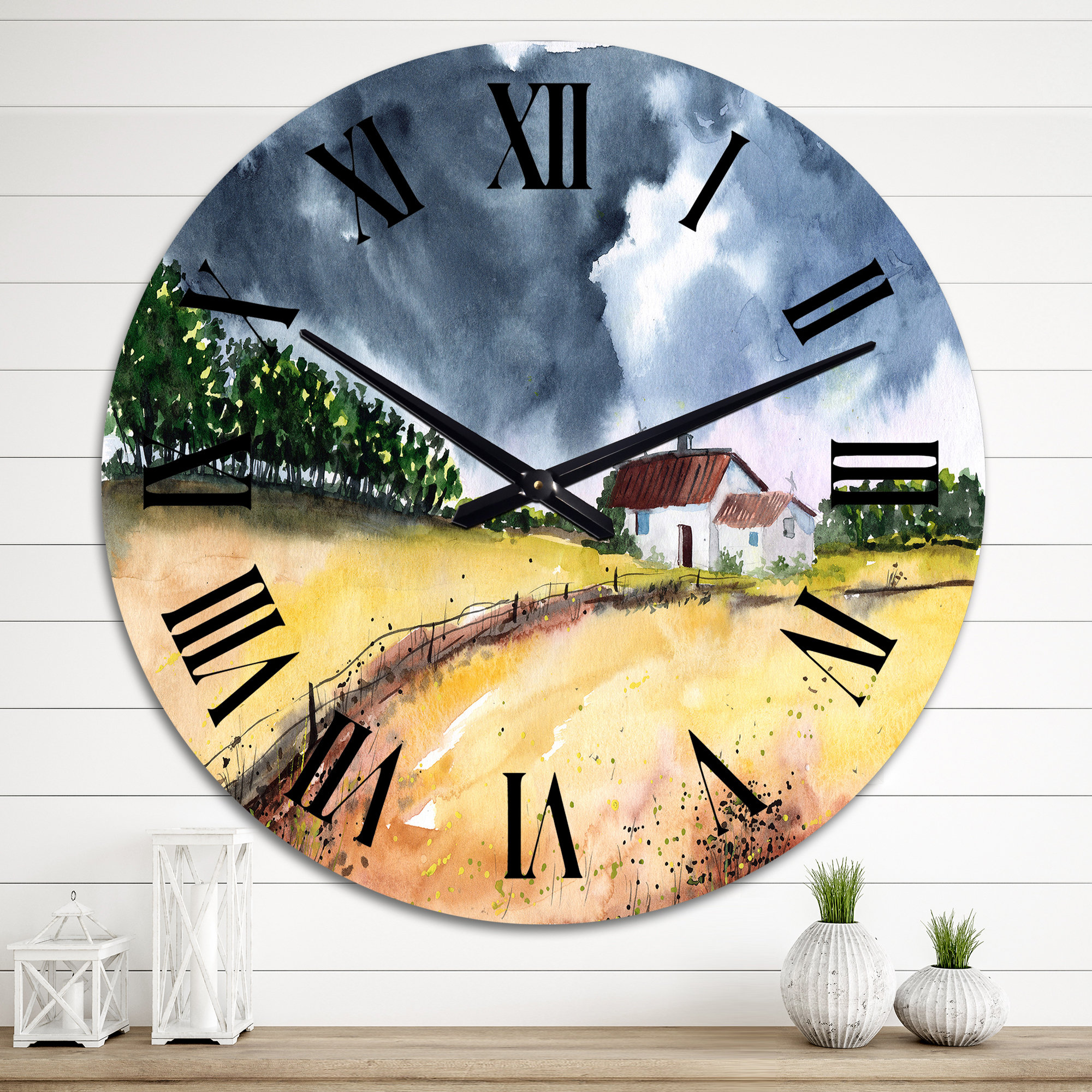 East Urban Home Yellow Field With Trees A Small Fence, Farmhouses ...