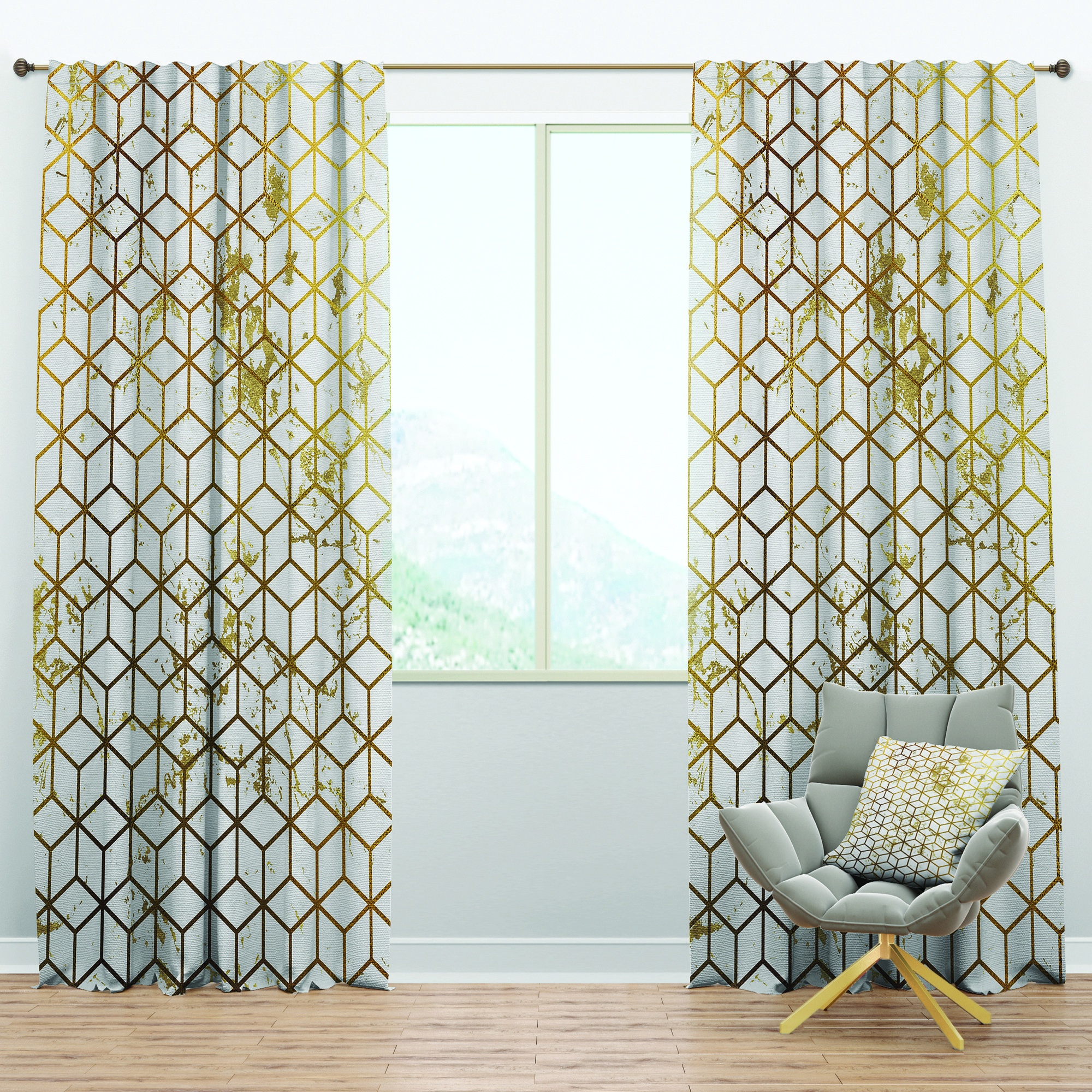 Design Art Yello and Golden Geometric Cubes - Geometric Curtain ...