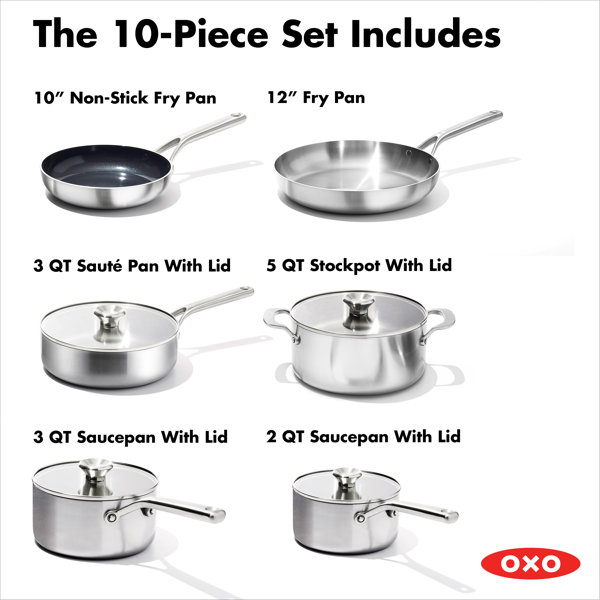 OXO Mira 3-Ply Stainless Steel Cookware Pots And Pans Set, 10-Piece ...