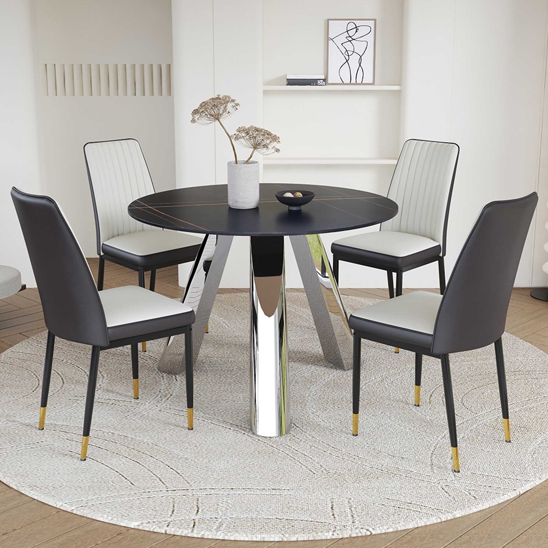 Mercer41 Round dining table with a granite top and stainless steel legs ...