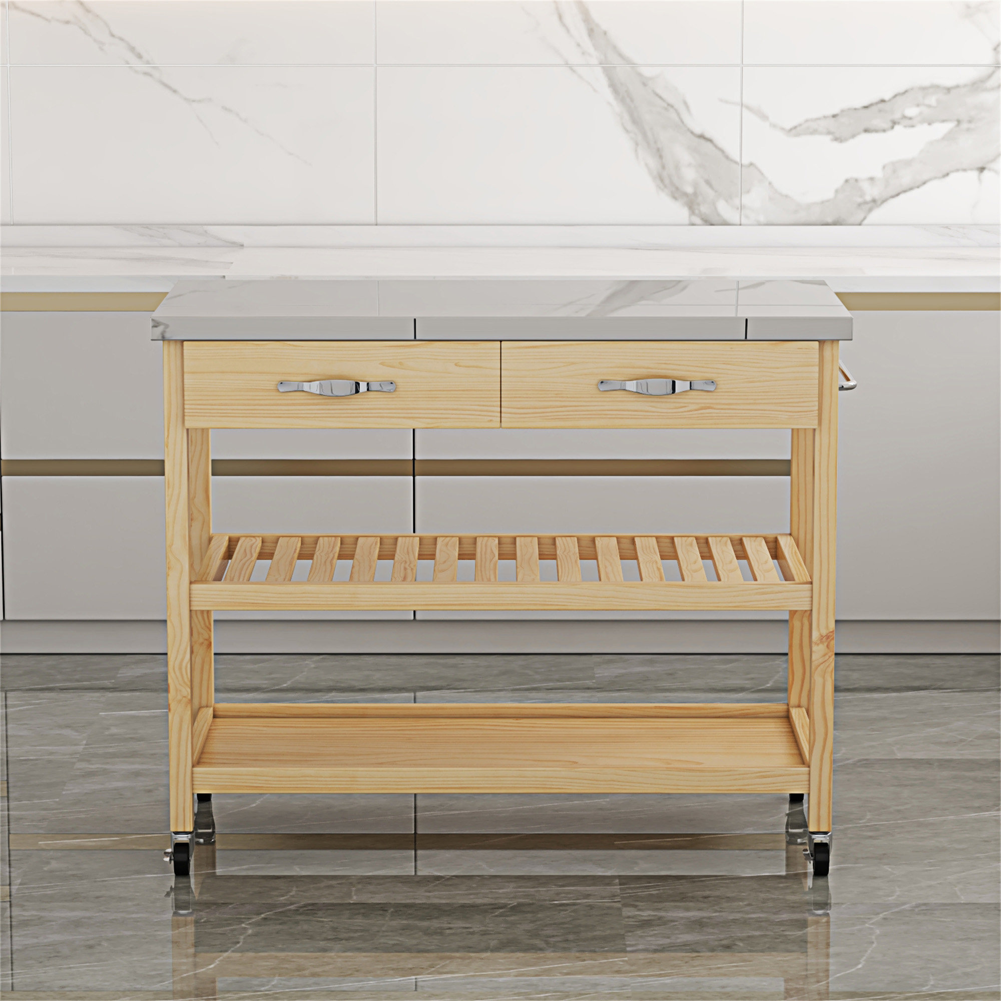 Latitude Run® Stainless Steel Countertop Solid Wood Kitchen Cart With ...