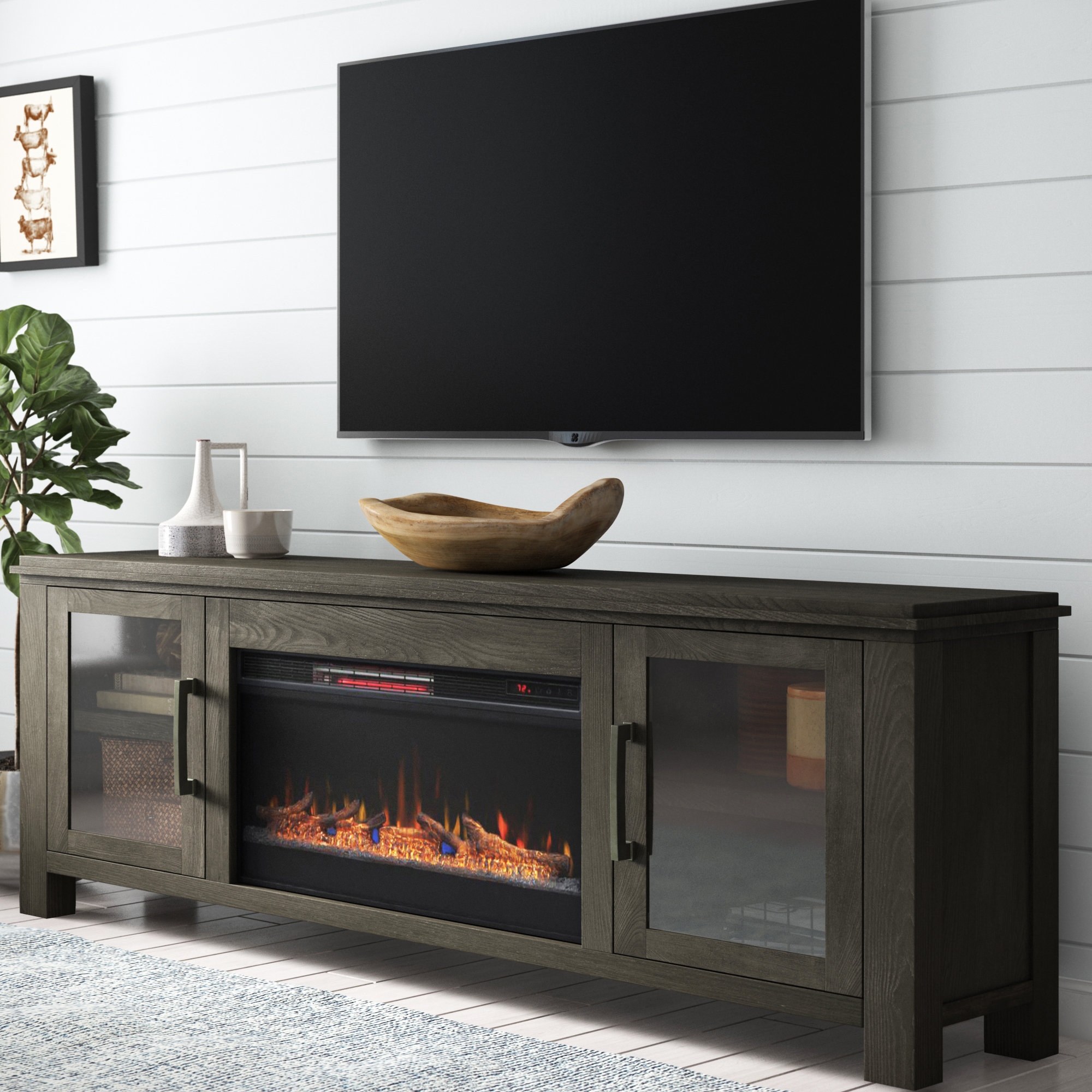 Gracie Oaks Cloyne 86 inch Electric Fireplace TV Console for TVs up to ...