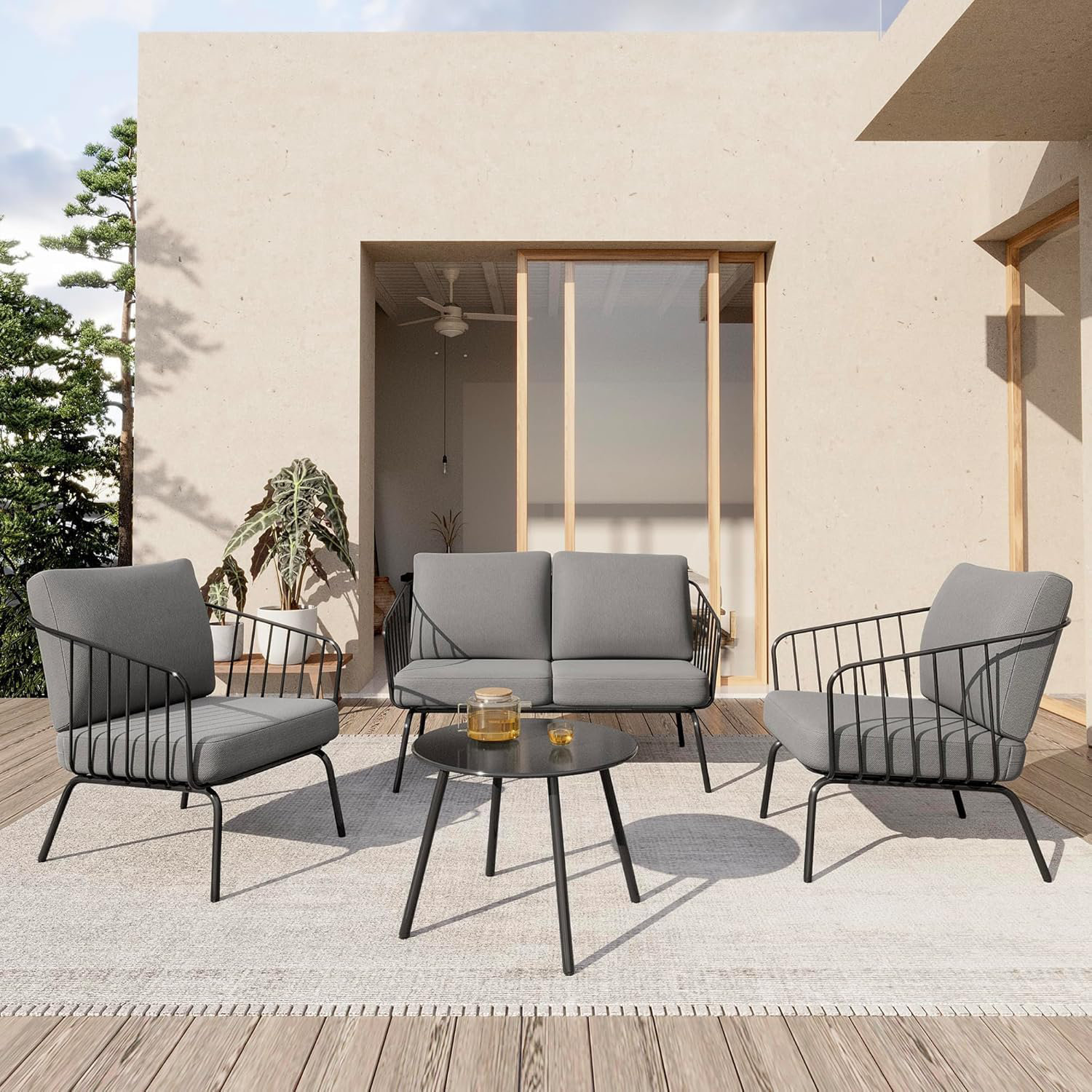 EAST OAK 4 Piece Patio Conversation Set with Thick Cushion Sofa and ...