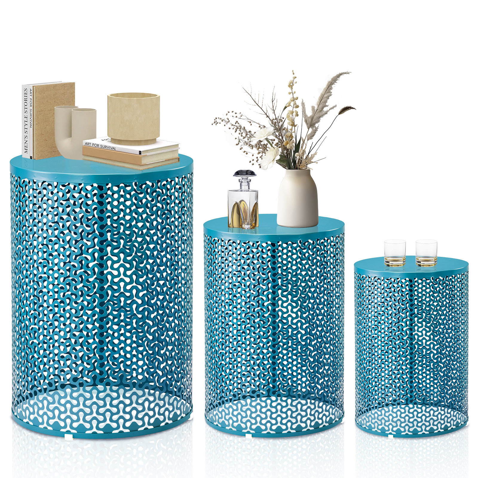 Ebern Designs Outdoor Trefoil Pattern Metal Stackable Side Table(Set Of ...